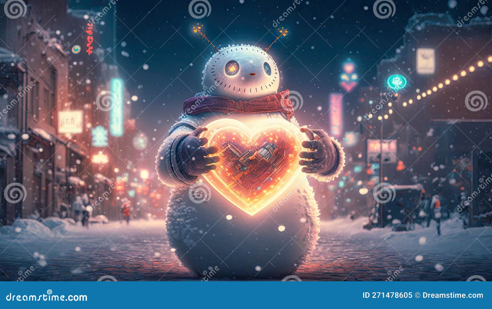 Snowman with Sparkling Heart on the Street Stock Illustration ...