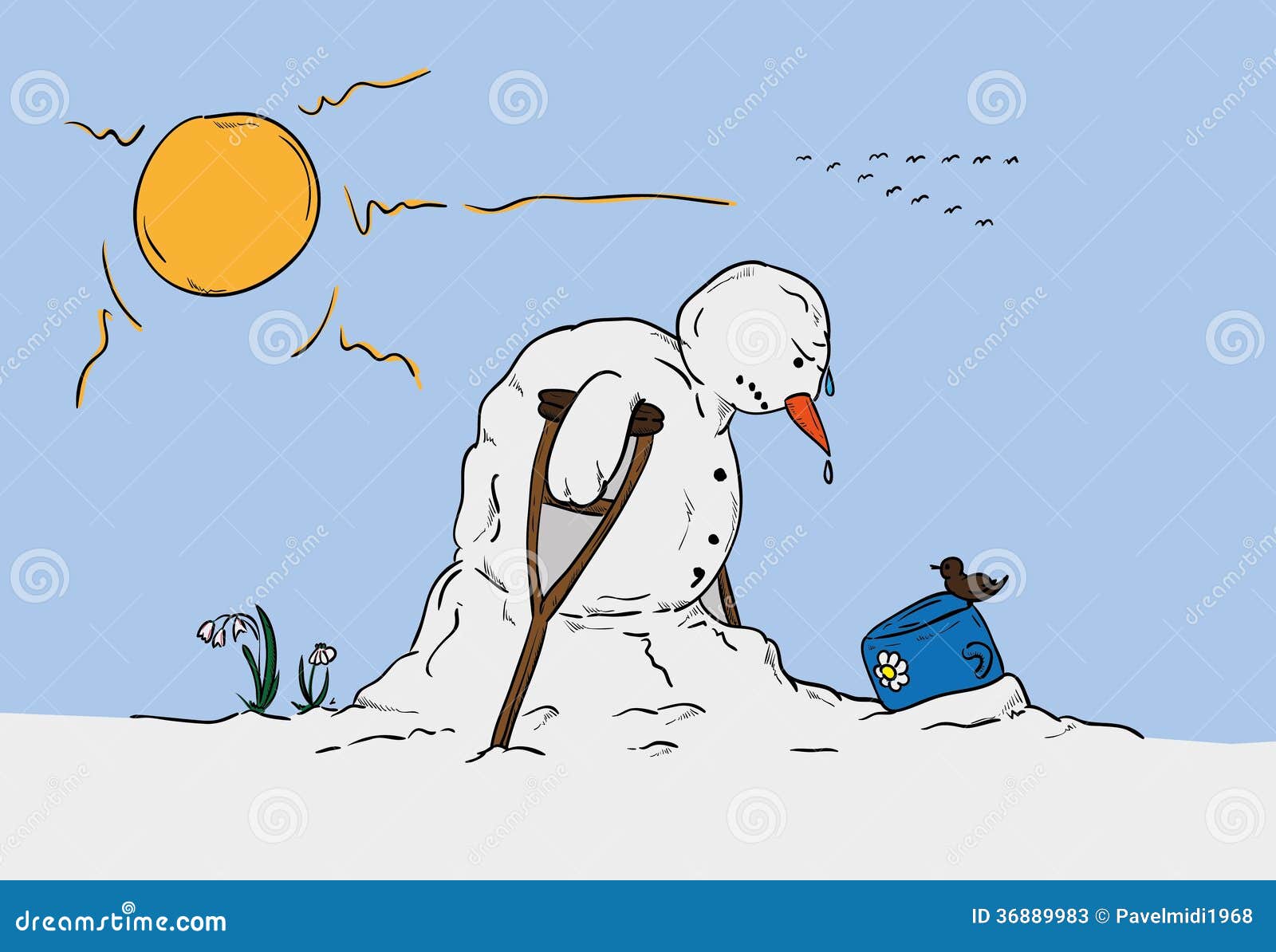 Snowman at spring time stock illustration. Illustration of snowflake ...