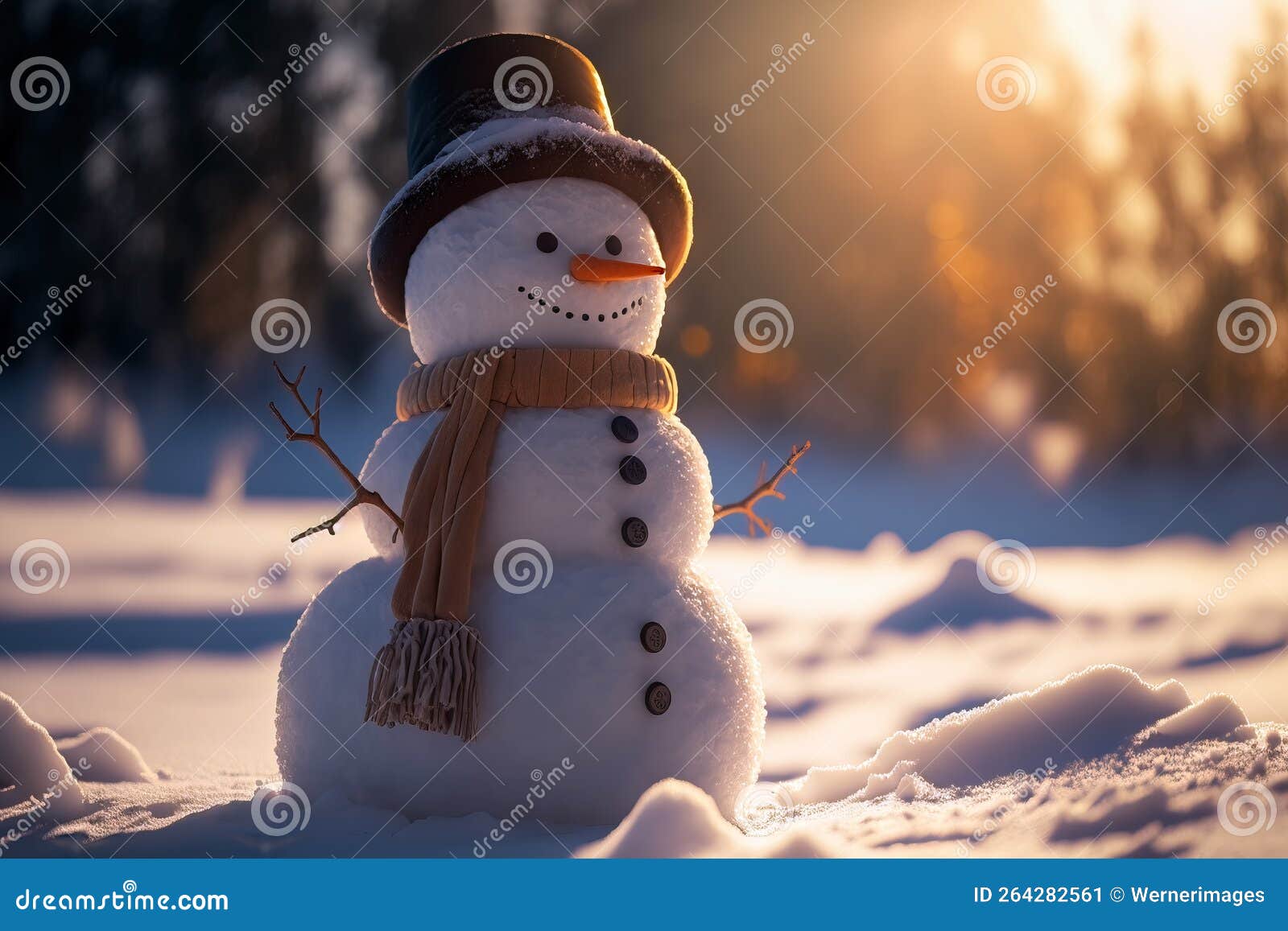 A Snowman Standing in the Snow at Sunset Stock Illustration ...