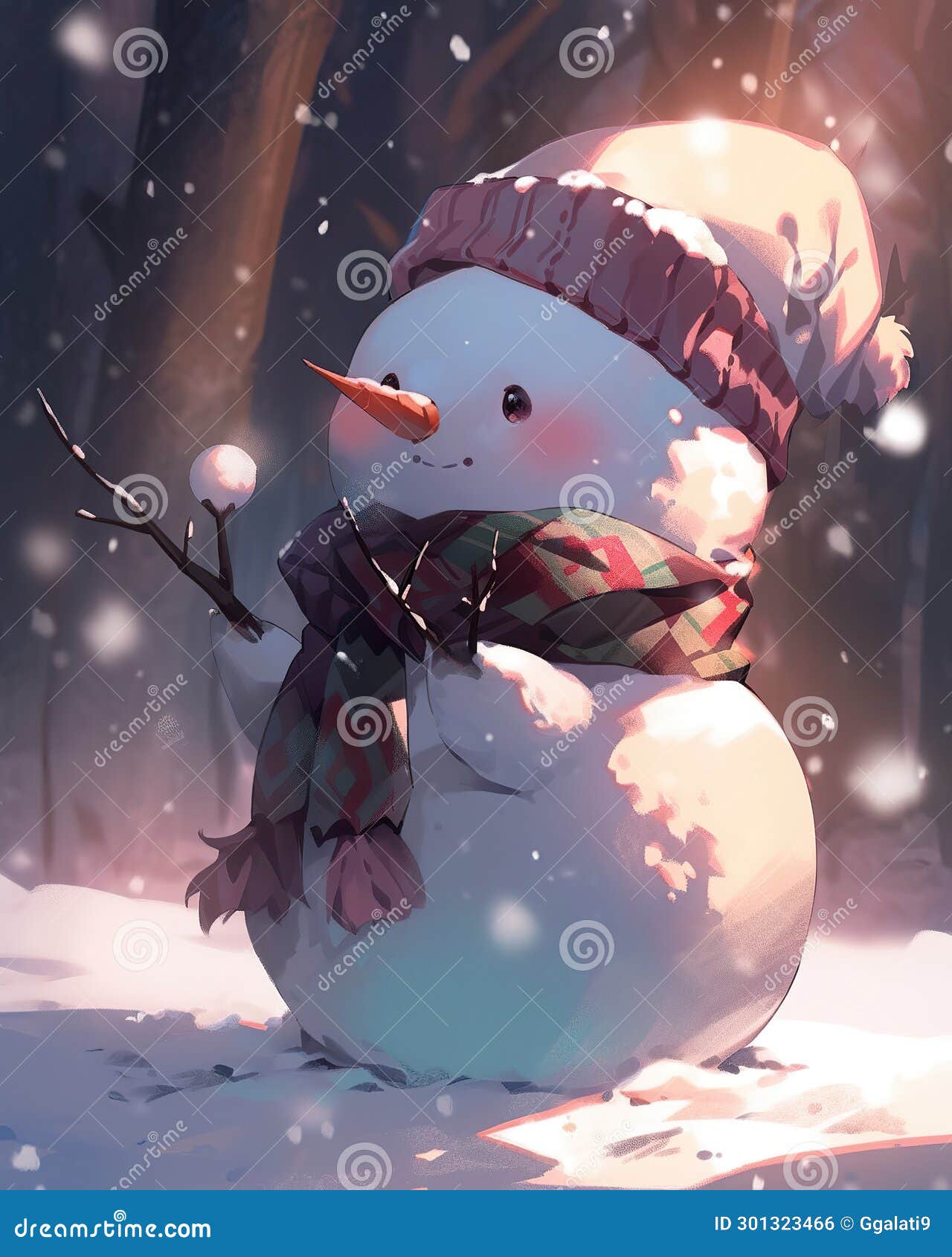Snowman Standing in Winter while Snow is Falling, Anime Artwork Stock ...