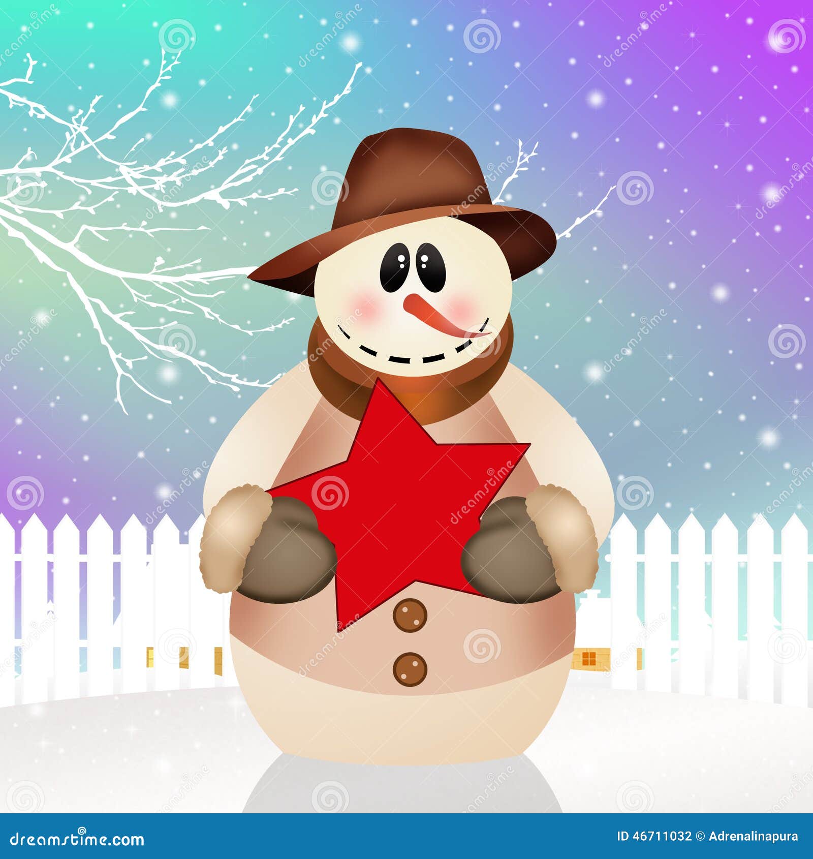 Snowman with star stock illustration. Illustration of postcard - 46711032