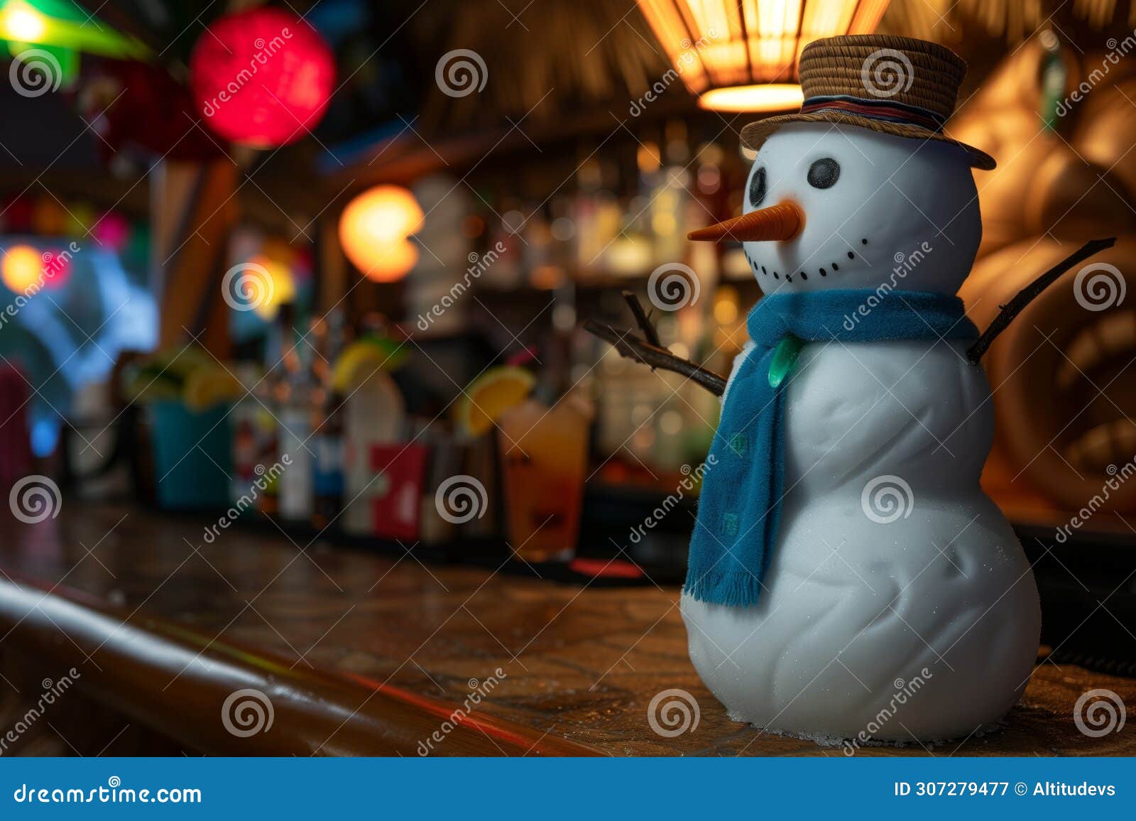 Snowman at a Tiki Bar, with a Mocktail on the Counter Stock Image ...