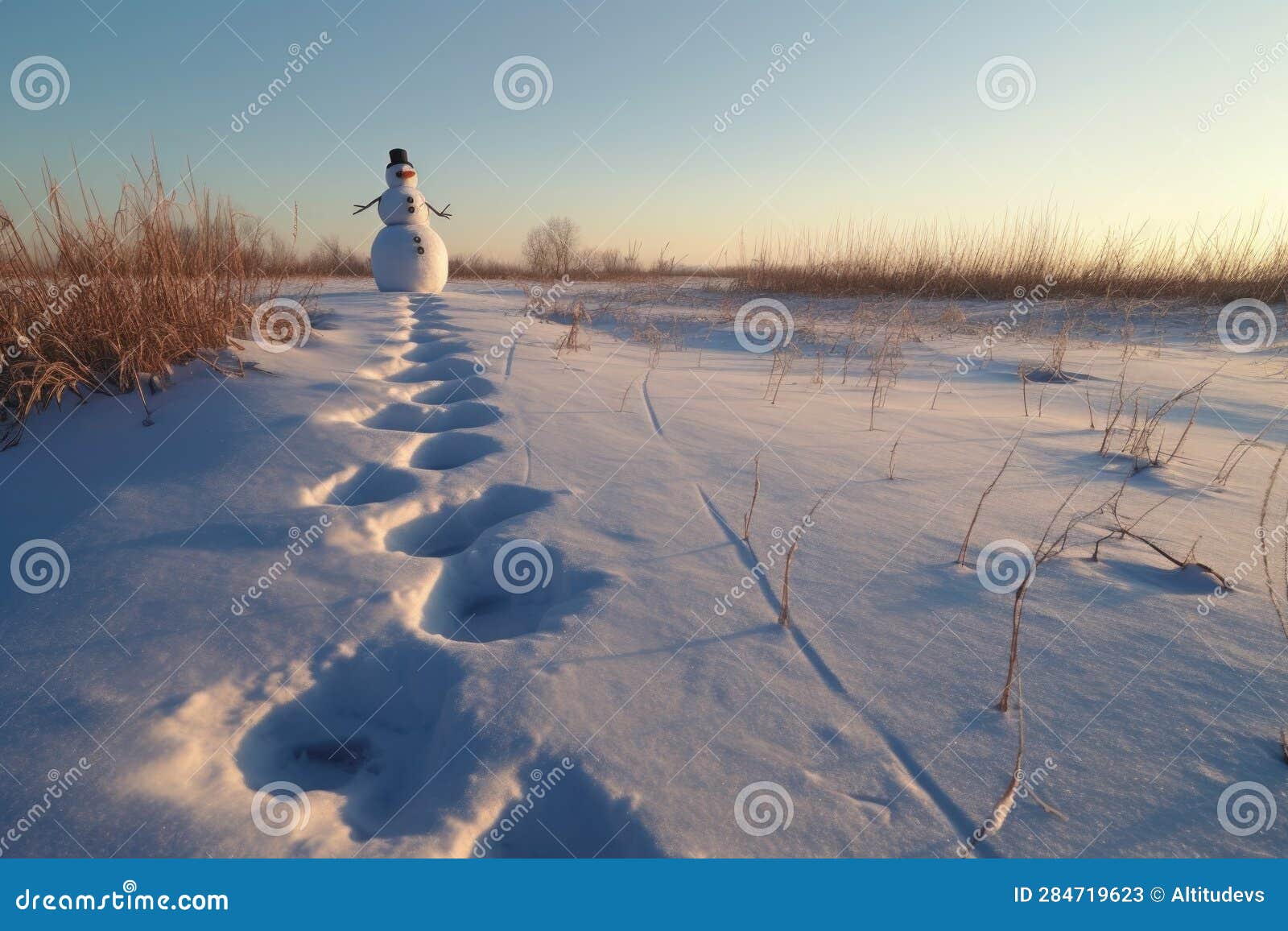 Snowman with a Trail of Footprints Leading To it Stock Illustration ...