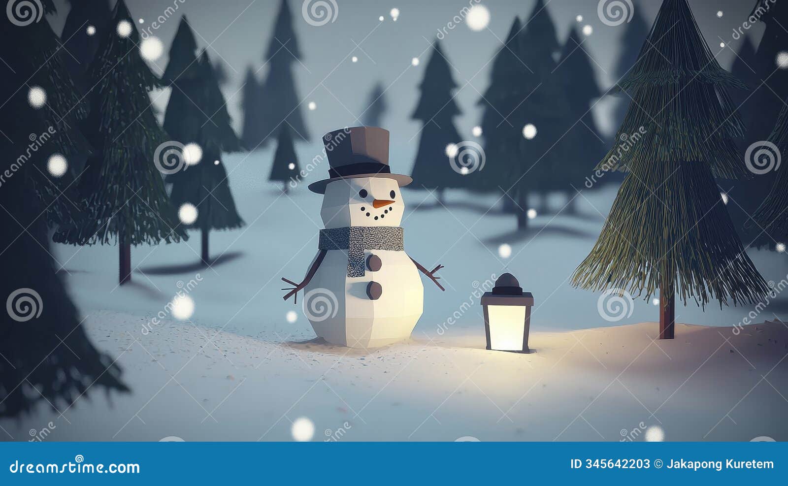 Snowman in Tranquil Winter Forest with Falling Snow and Pine Trees ...