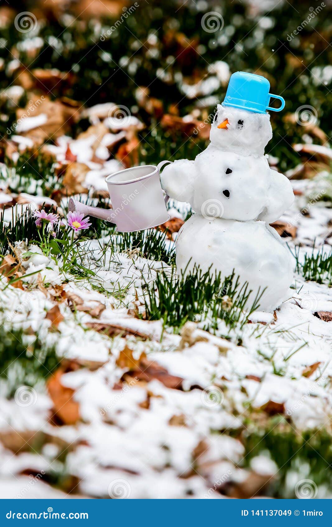 Snowman waiting for spring stock image. Image of white - 141137049