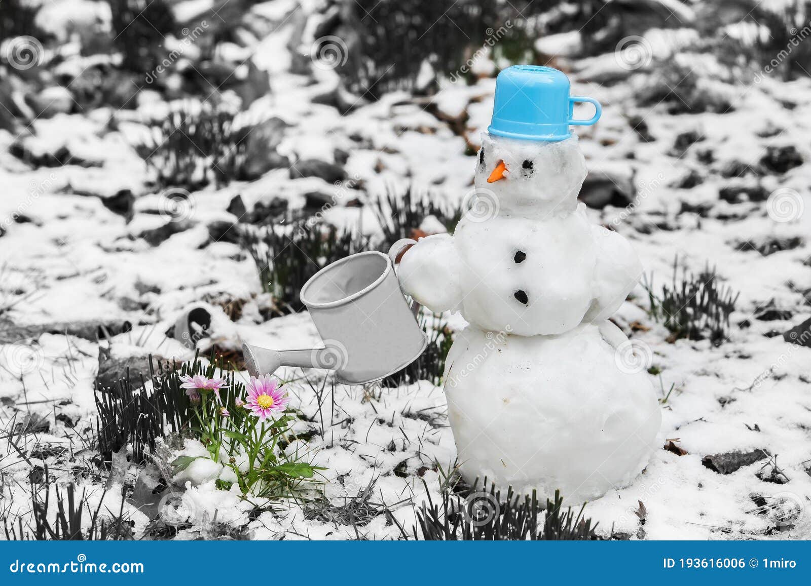 Snowman waiting for spring stock photo. Image of lonely - 193616006