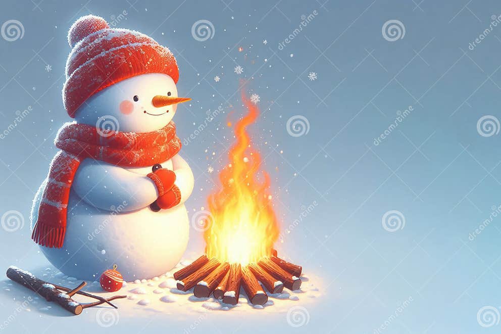 A Snowman Warms Himself by the Fire. Space for Text. Stock Photo ...