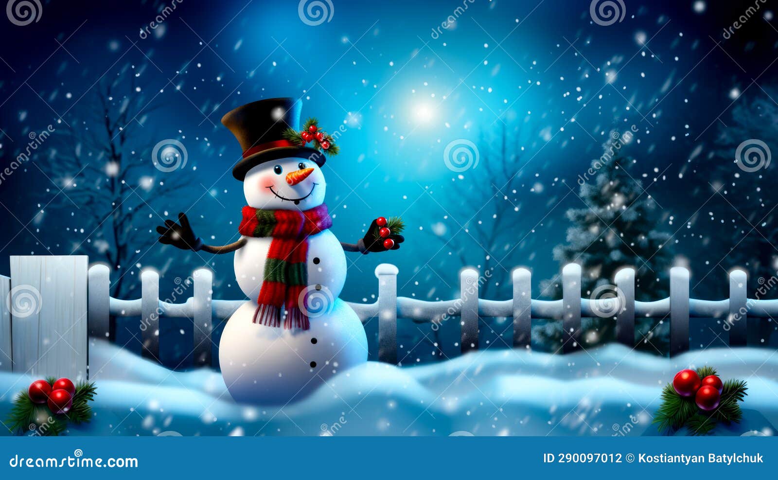 Snowman Wearing Hat and Scarf Standing in Front of Fence. Generative AI ...