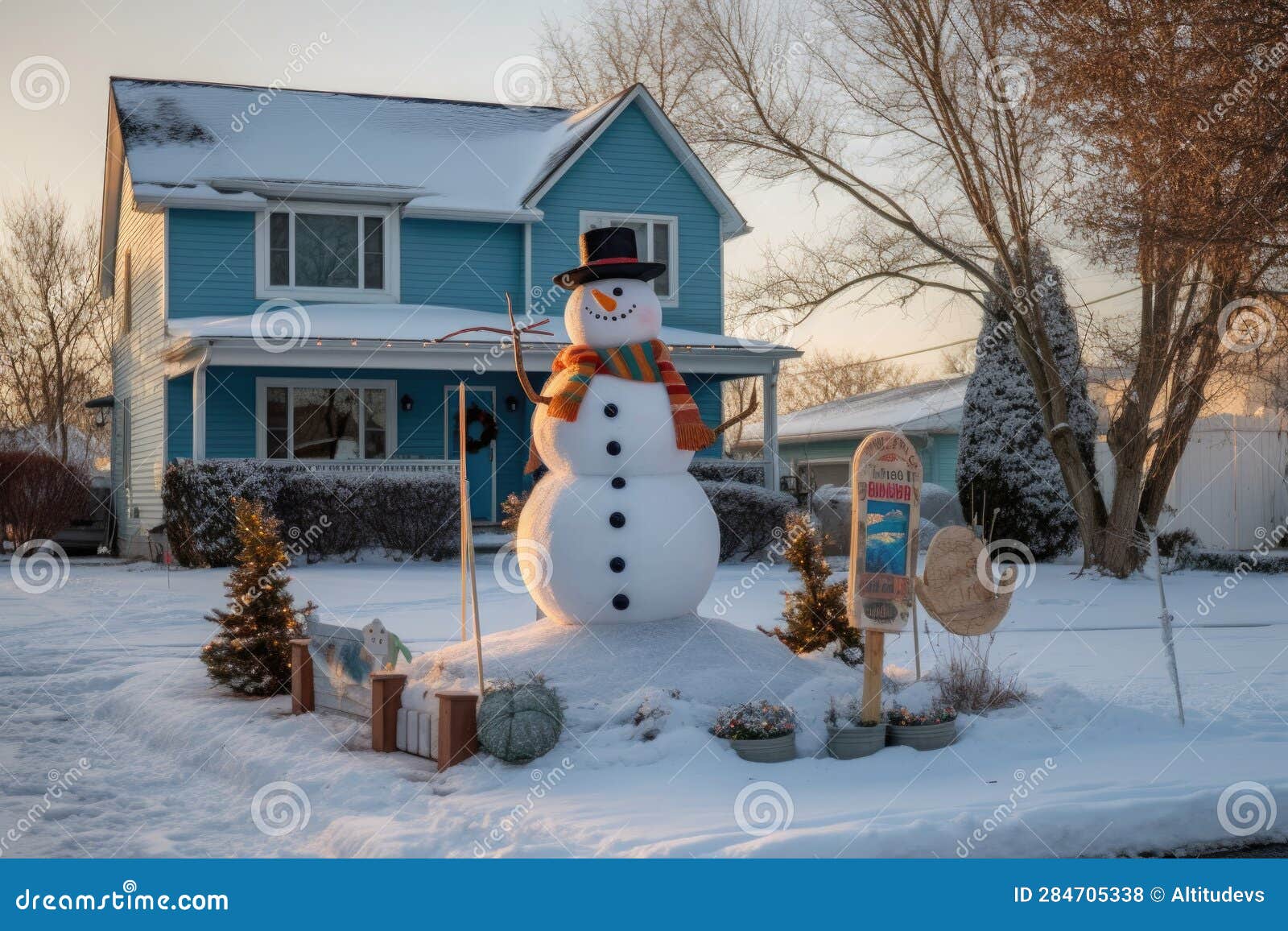 Snowman with a Welcome Sign in a Front Yard Stock Illustration ...