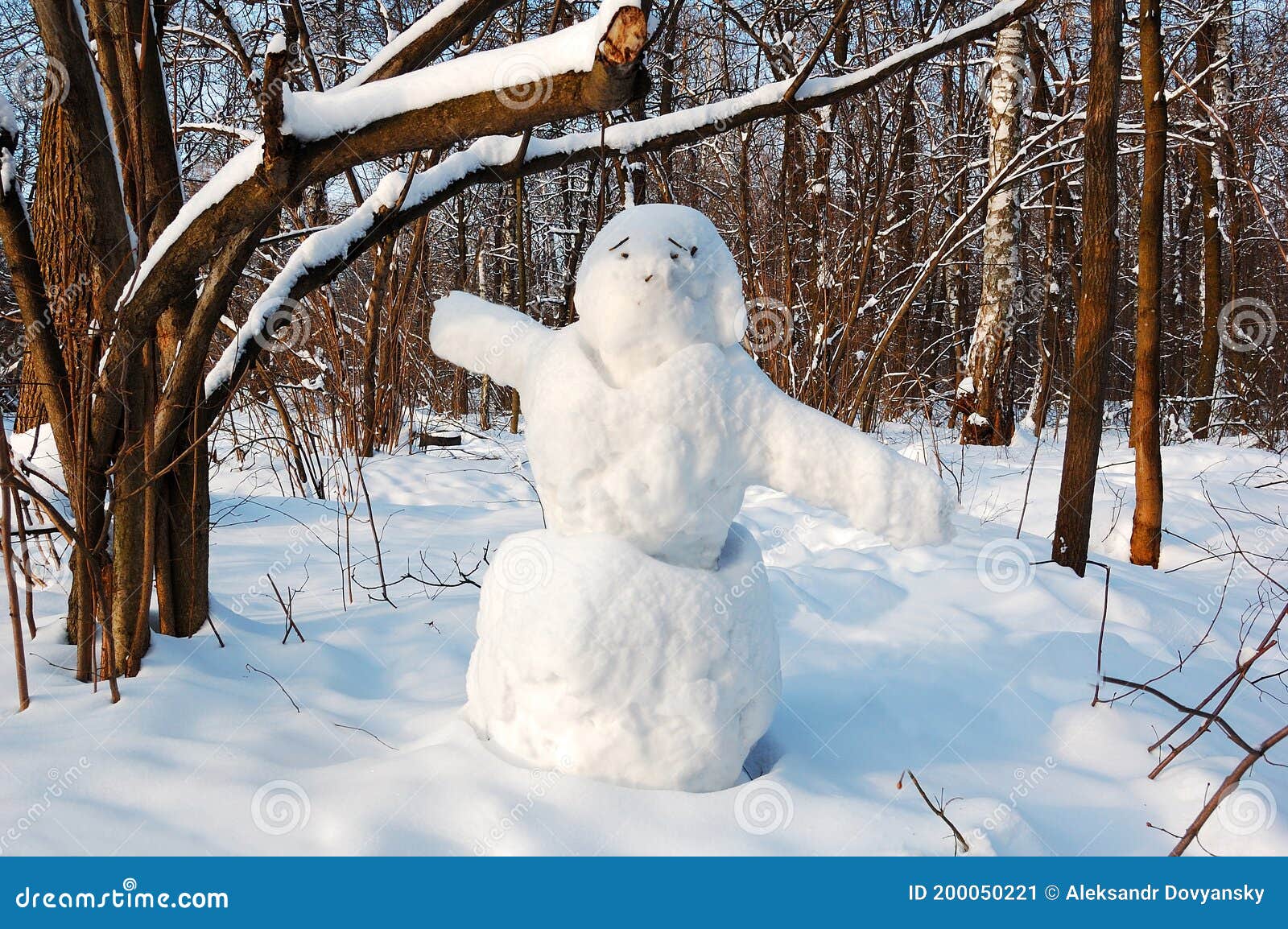 Snowman in the Winter Forest in the Evening. Sunlight Stock Image ...