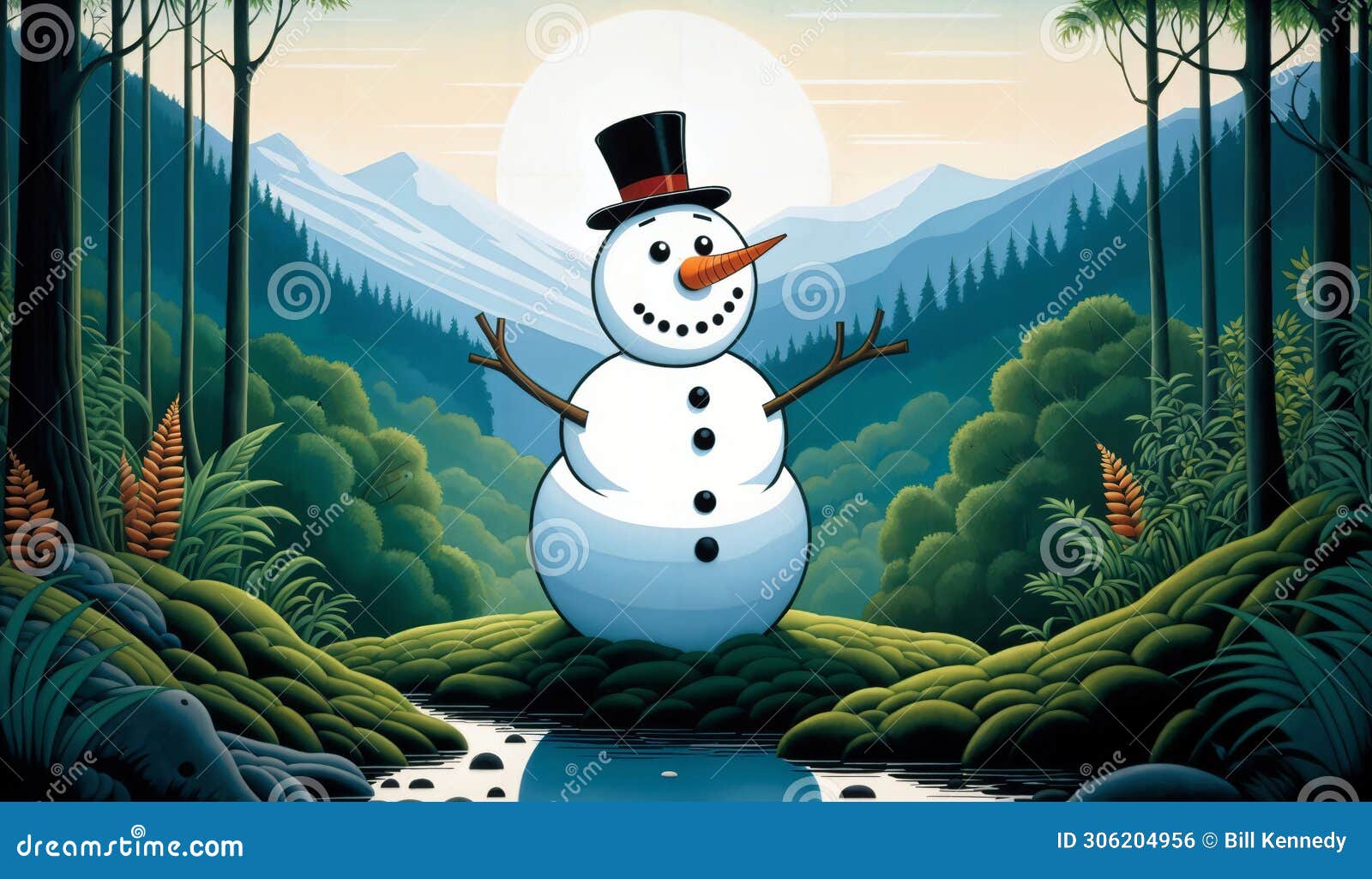 Snowman in the Woods stock illustration. Illustration of peaceful ...