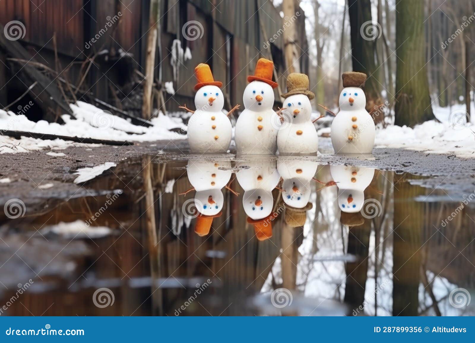 Snowmans Reflection in a Puddle As Snow Melts Stock Illustration ...