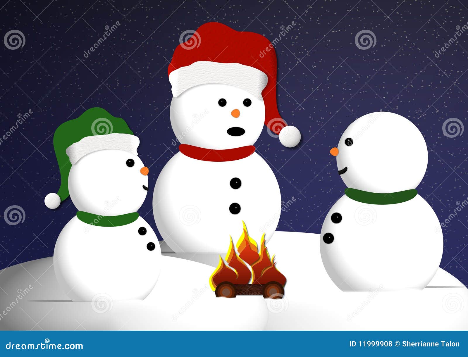 Snowmen around bonfire stock vector. Illustration of group - 11999908