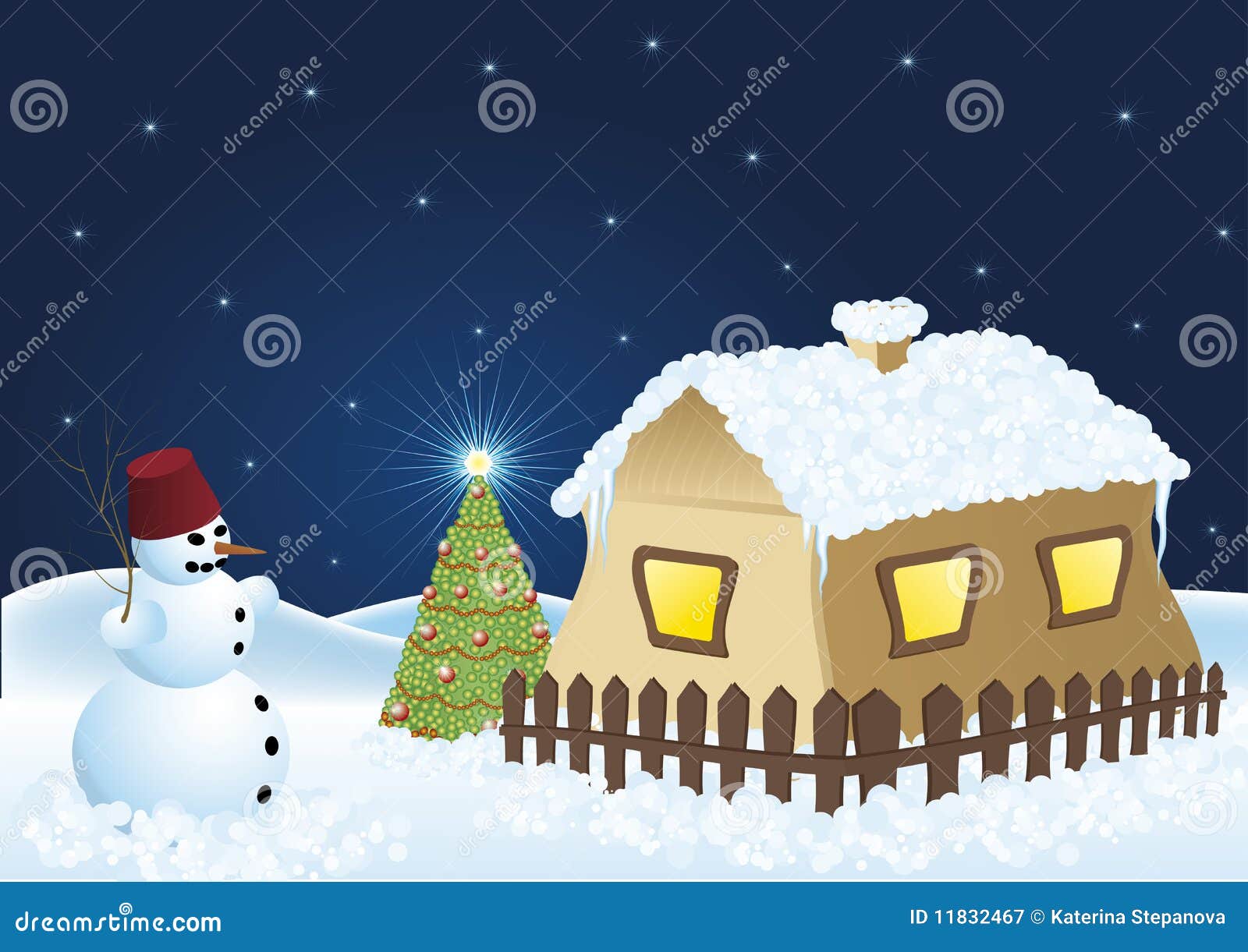 Snowmen Christmas Tree and Snowy House Stock Vector - Illustration of ...