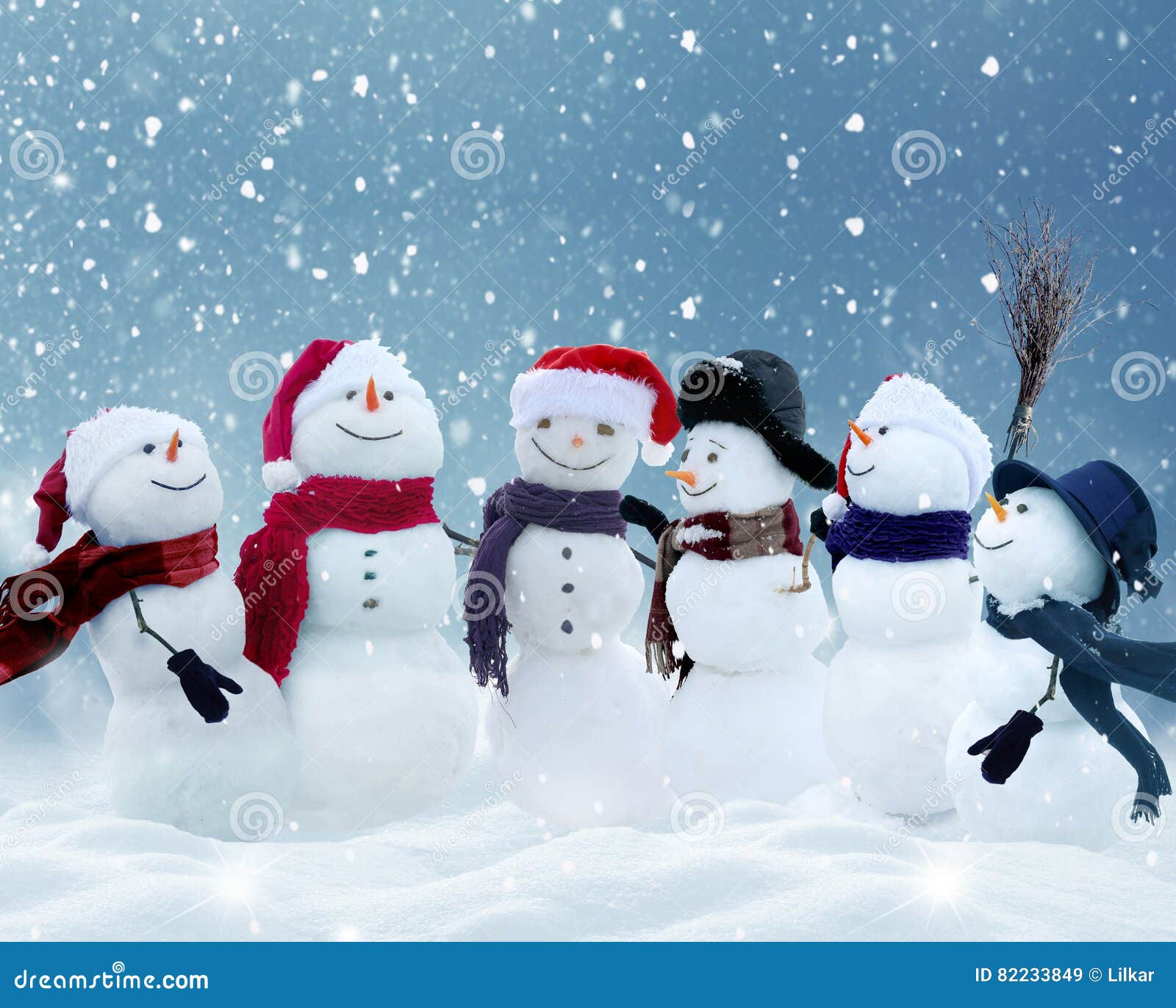 Snowmen Standing in Winter Christmas Landscape Stock Image - Image of ...