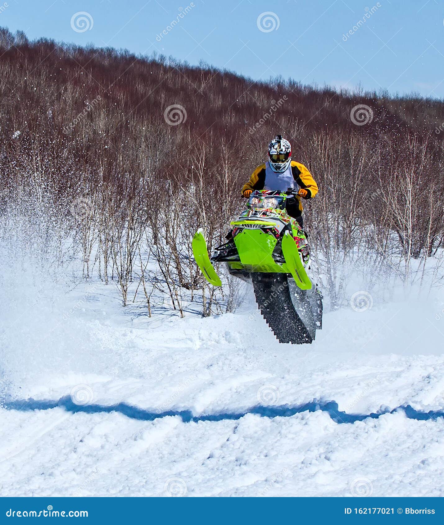 Snowmobile in High Jump Above Track Stock Image - Image of competition ...