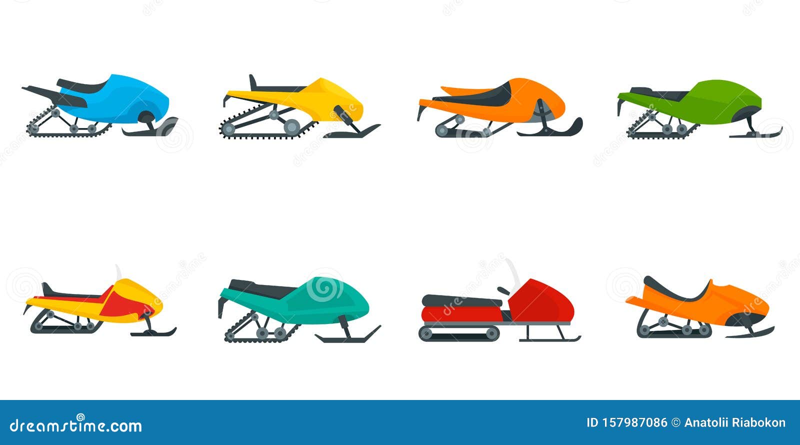 Snowmobile Icon Set, Flat Style Stock Vector - Illustration of driving ...