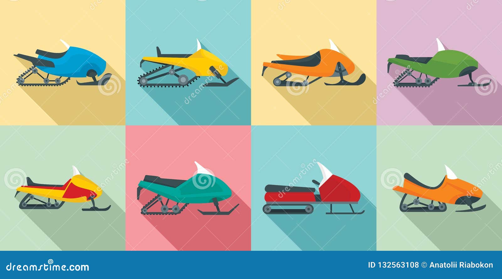Snowmobile Icon Set, Flat Style Stock Vector - Illustration of mobile ...