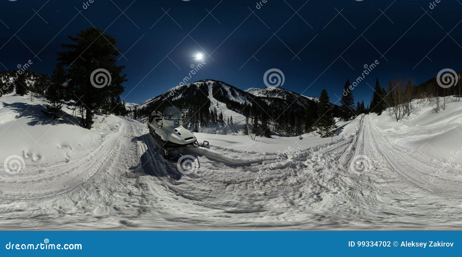 Snowmobile on a Moonlit Night on the Road in the Mountains. Spherical ...