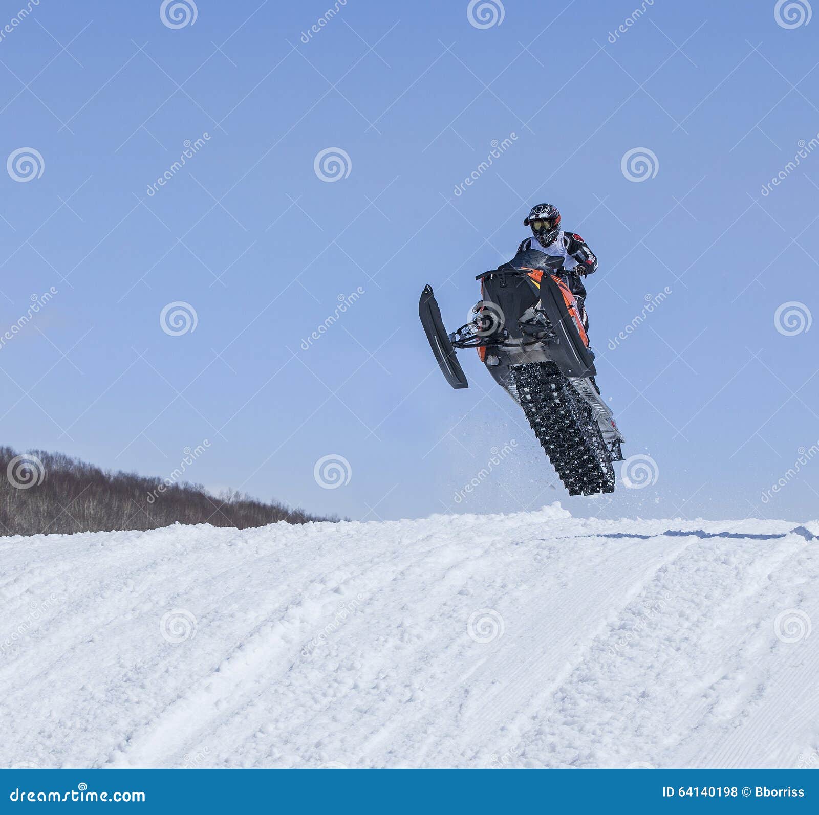 Snowmobile on the Route in a Jump in Air Stock Photo - Image of extreme ...