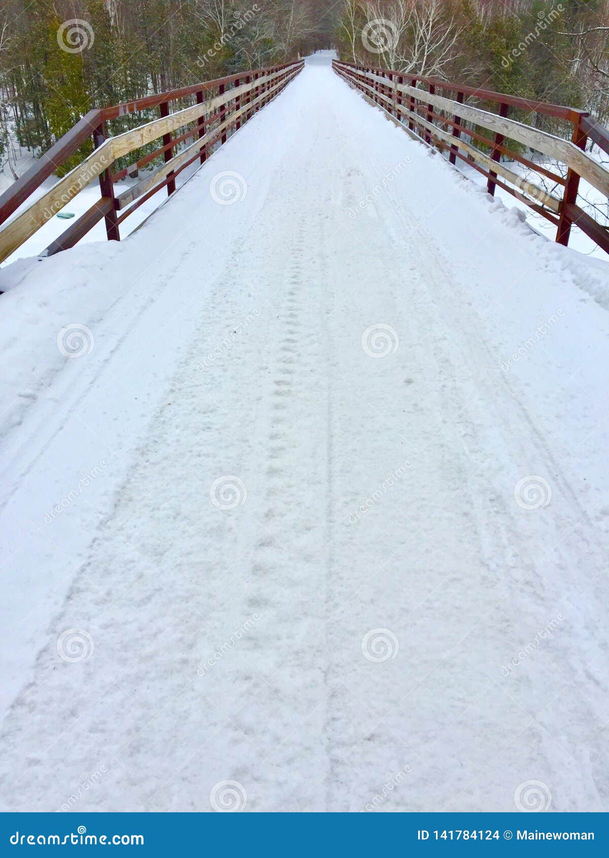 Snowmobile Trail on Bridge Over River Stock Photo - Image of cold ...