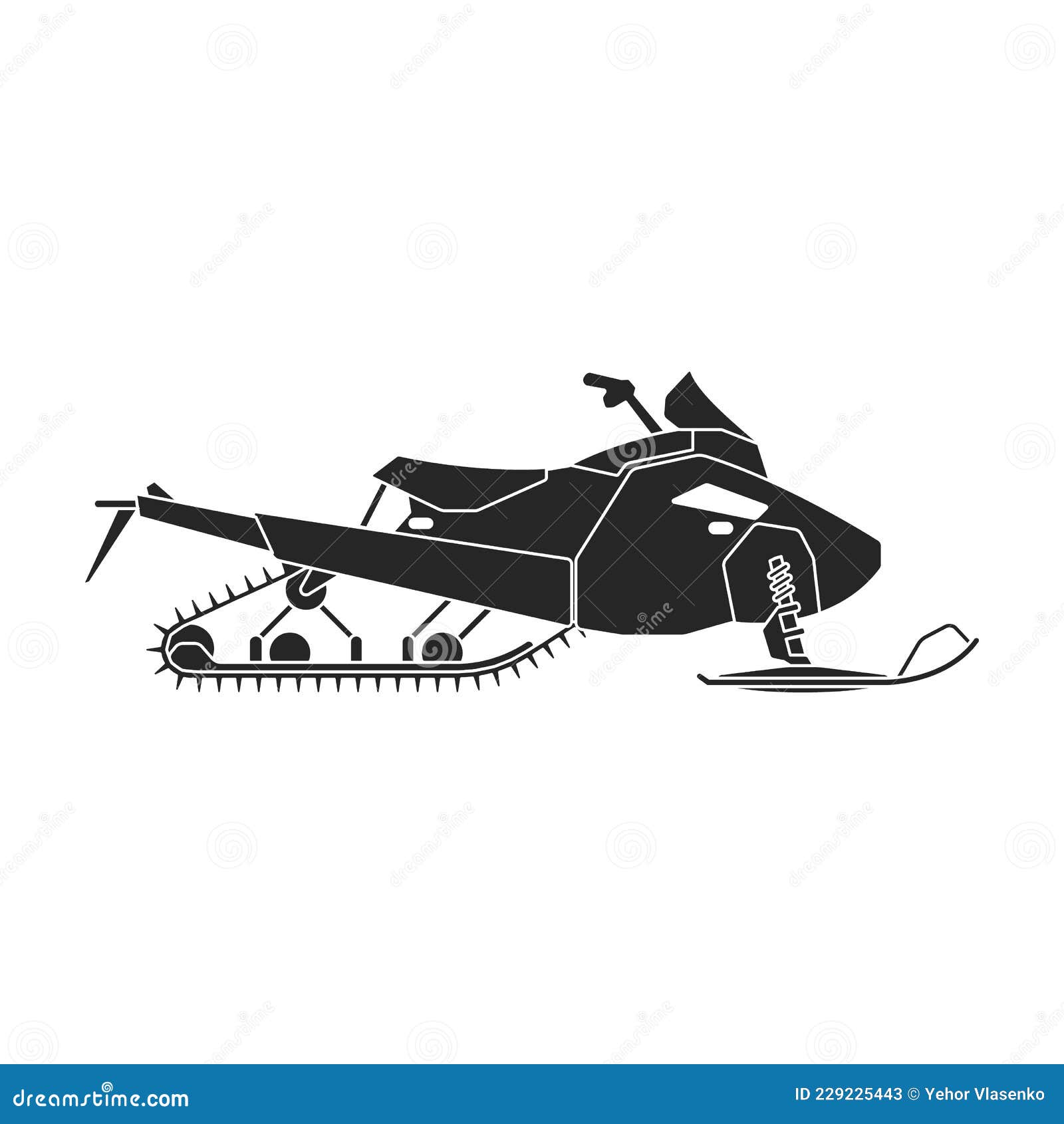 Snowmobile In Black Isolated On White Background. Detailed Vintage ...