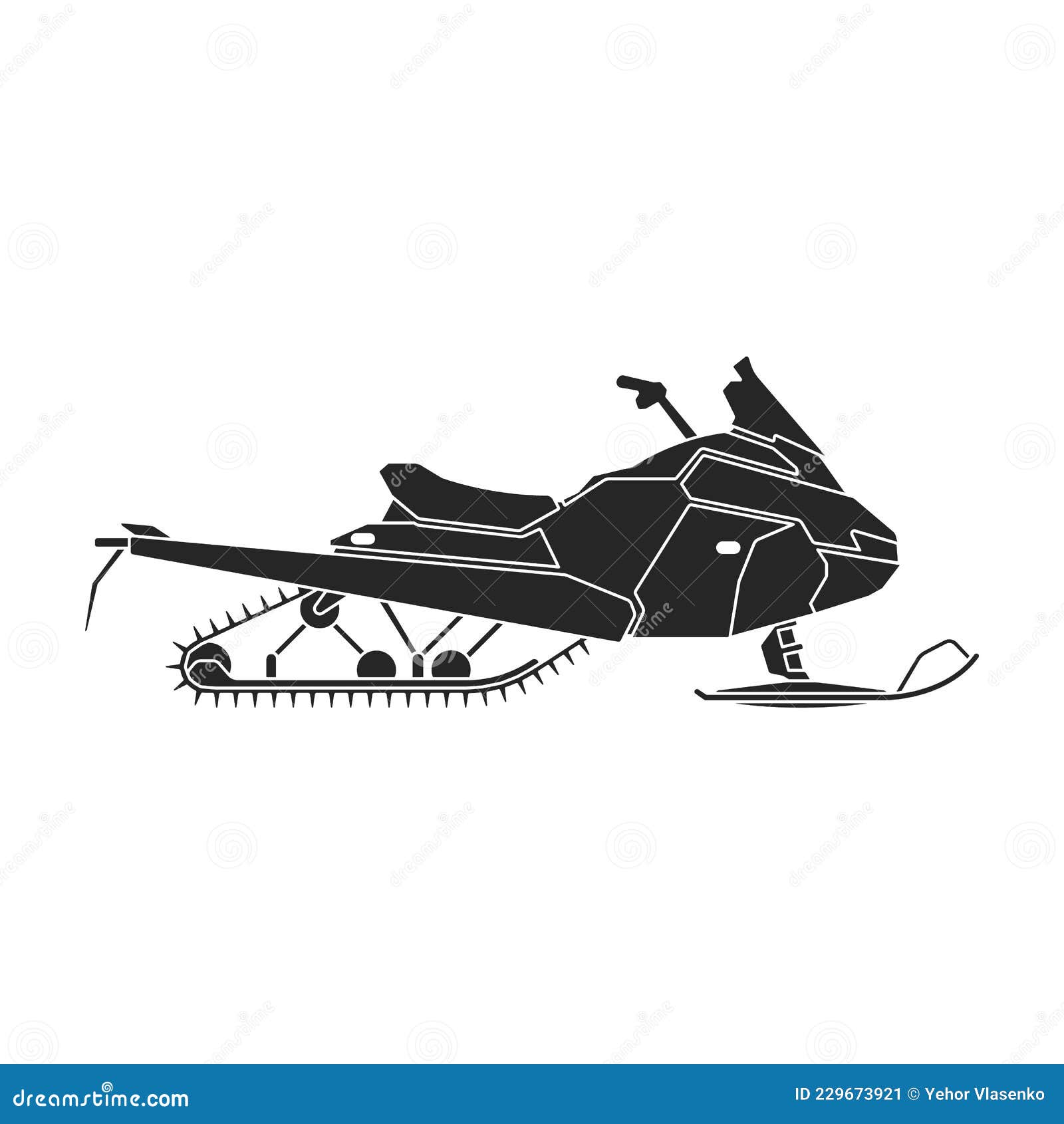 Snowmobile In Black Isolated On White Background. Detailed Vintage ...