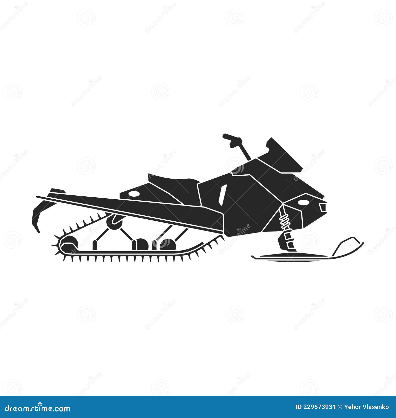 Snowmobile In Black Isolated On White Background. Detailed Vintage ...
