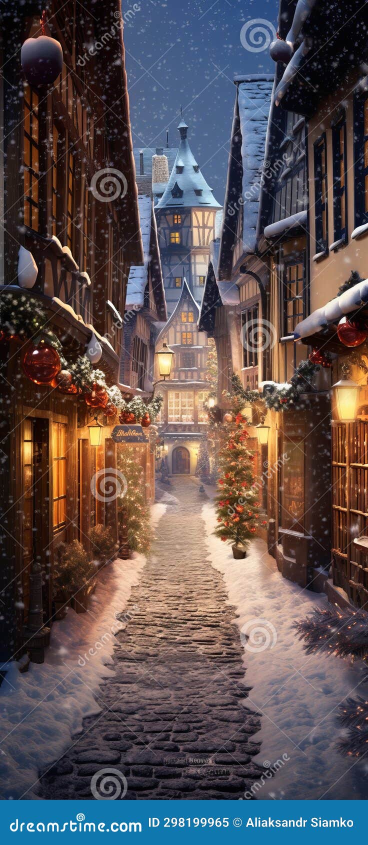 A Snowy Alleyway with Trees and Lights Stock Illustration ...