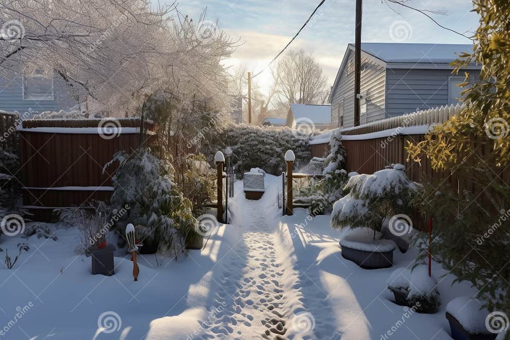 Snowy Backyard with Shoveling Path Visible Stock Illustration ...