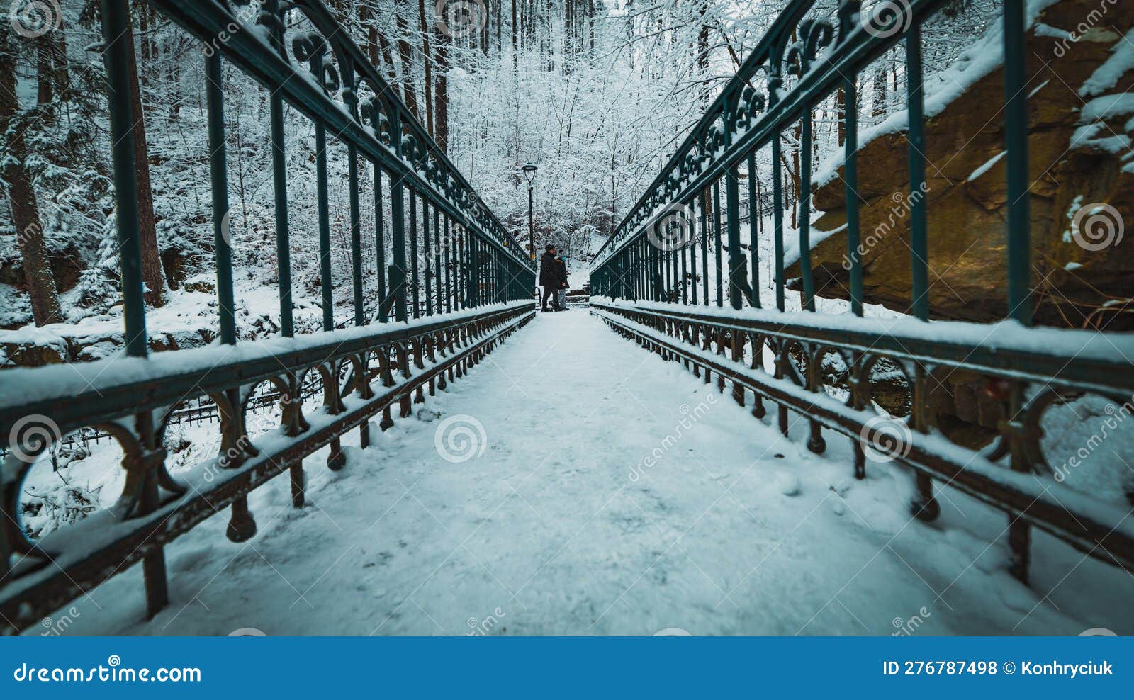 Snowy Bridge in a Mountain Park Stock Photo - Image of track, hill ...