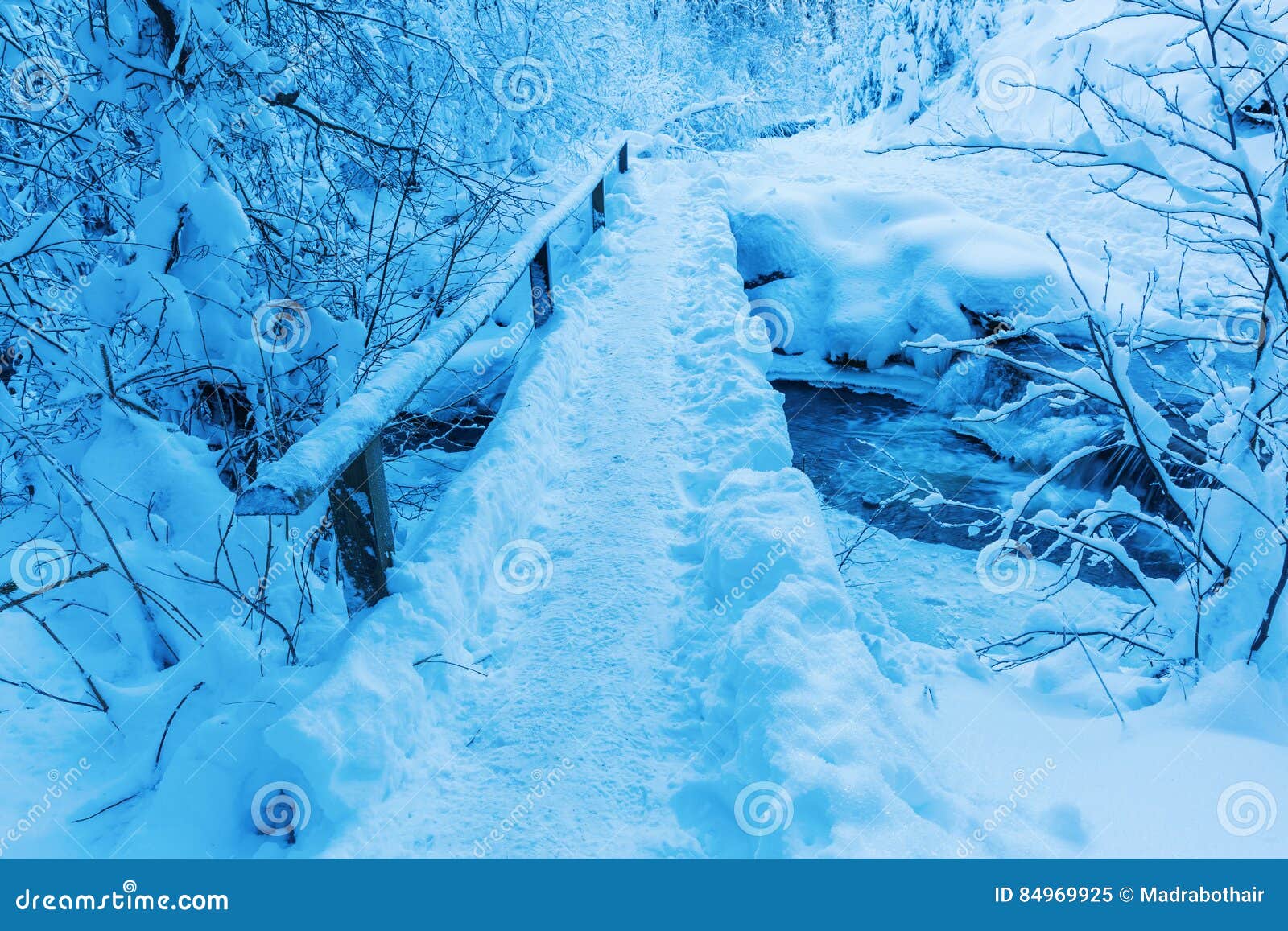 Snowy Bridge Over a Mountain Stream Stock Image - Image of europe ...