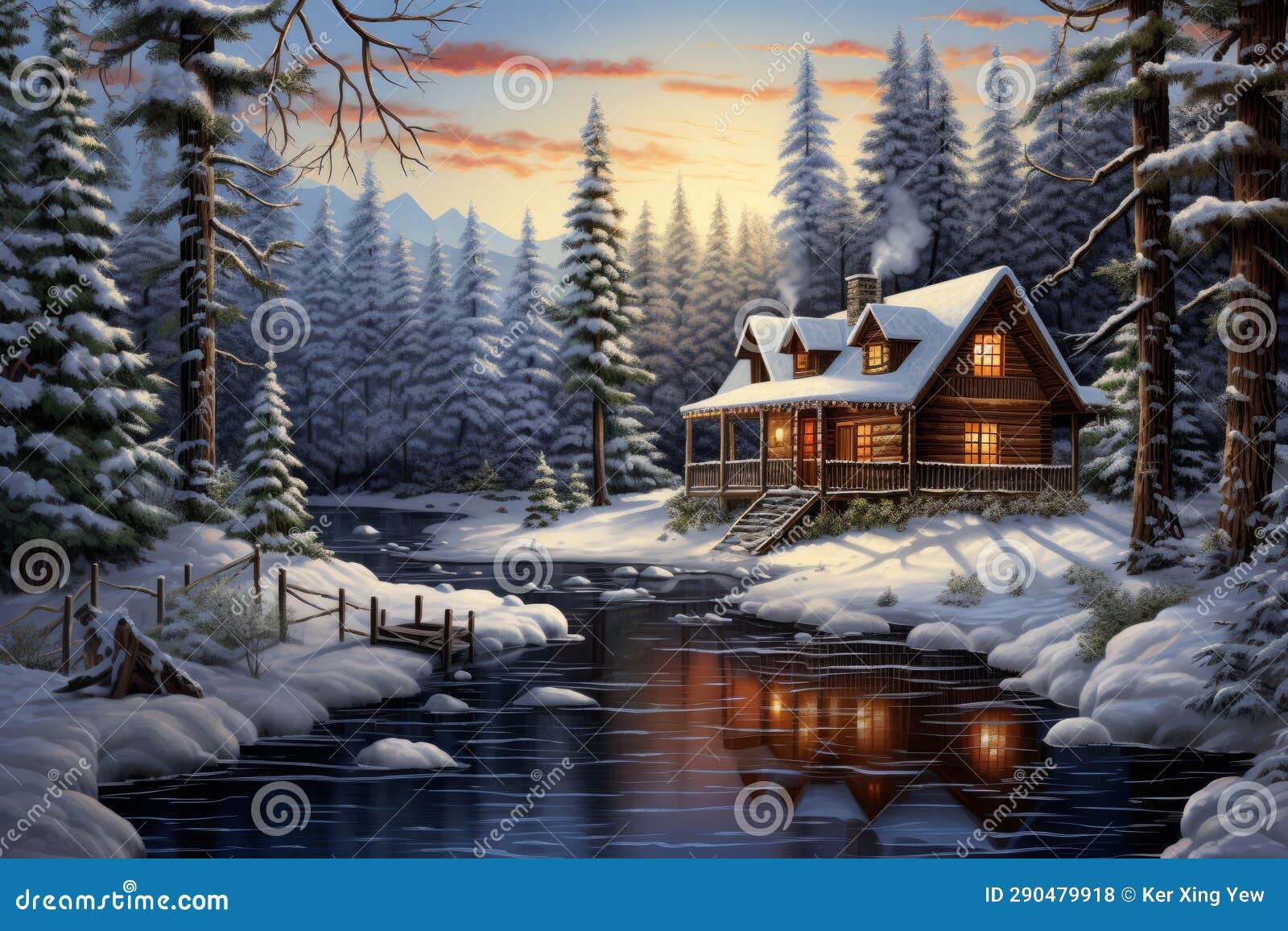 Snowy Cabin Clip Art in a Peaceful Forest Stock Illustration ...