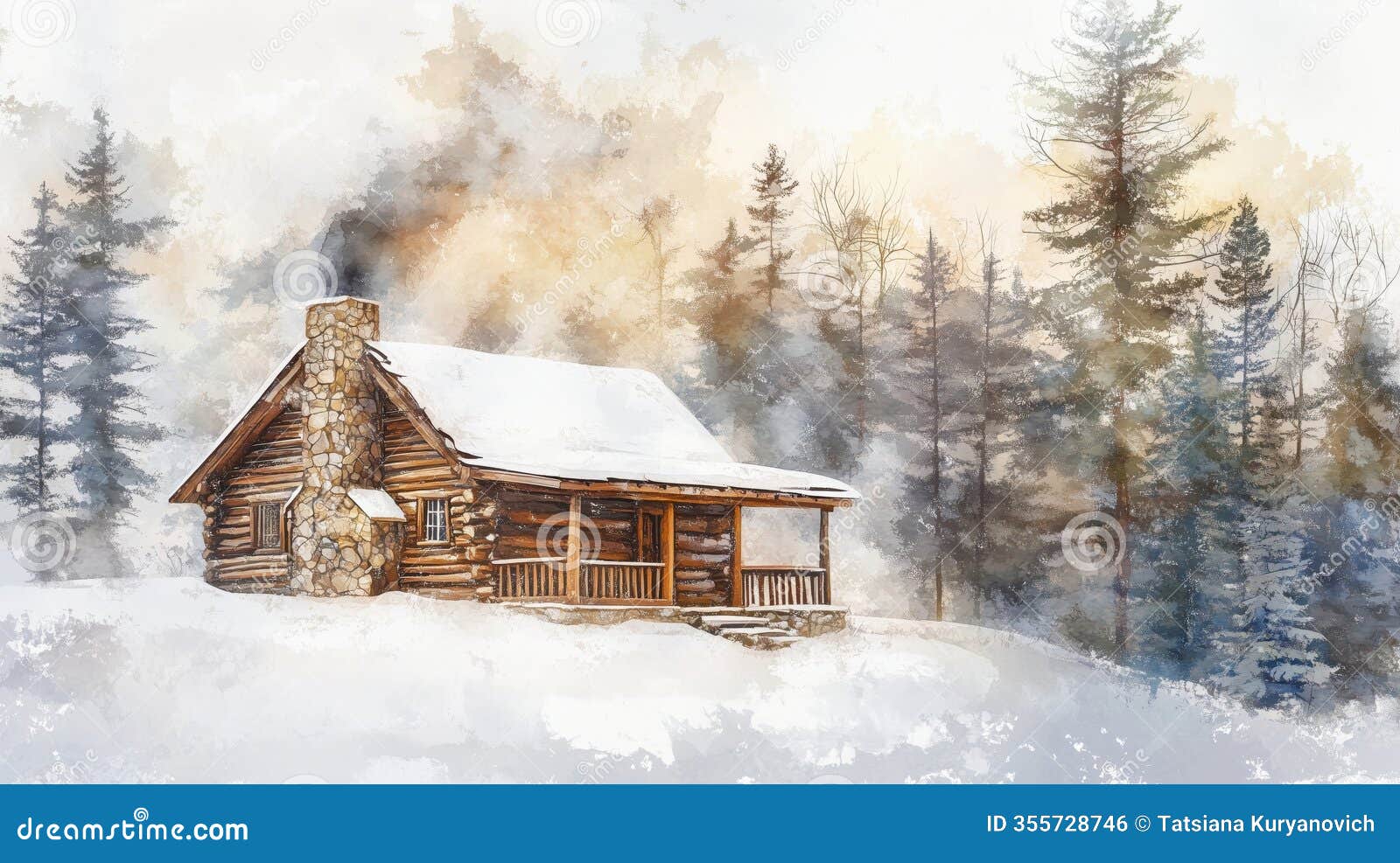 Snowy Cabin in Forest, Rustic Log Structure, Winter Landscape, Pine ...