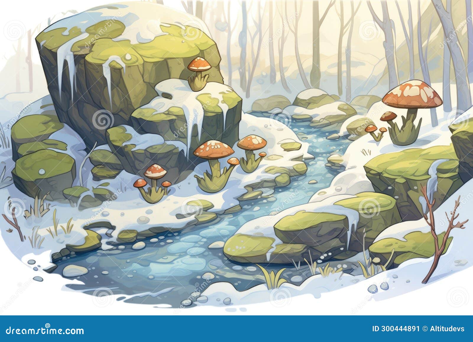 Snowy Caps on Rocks Midstream in a Meandering Forest Brook Stock Image ...