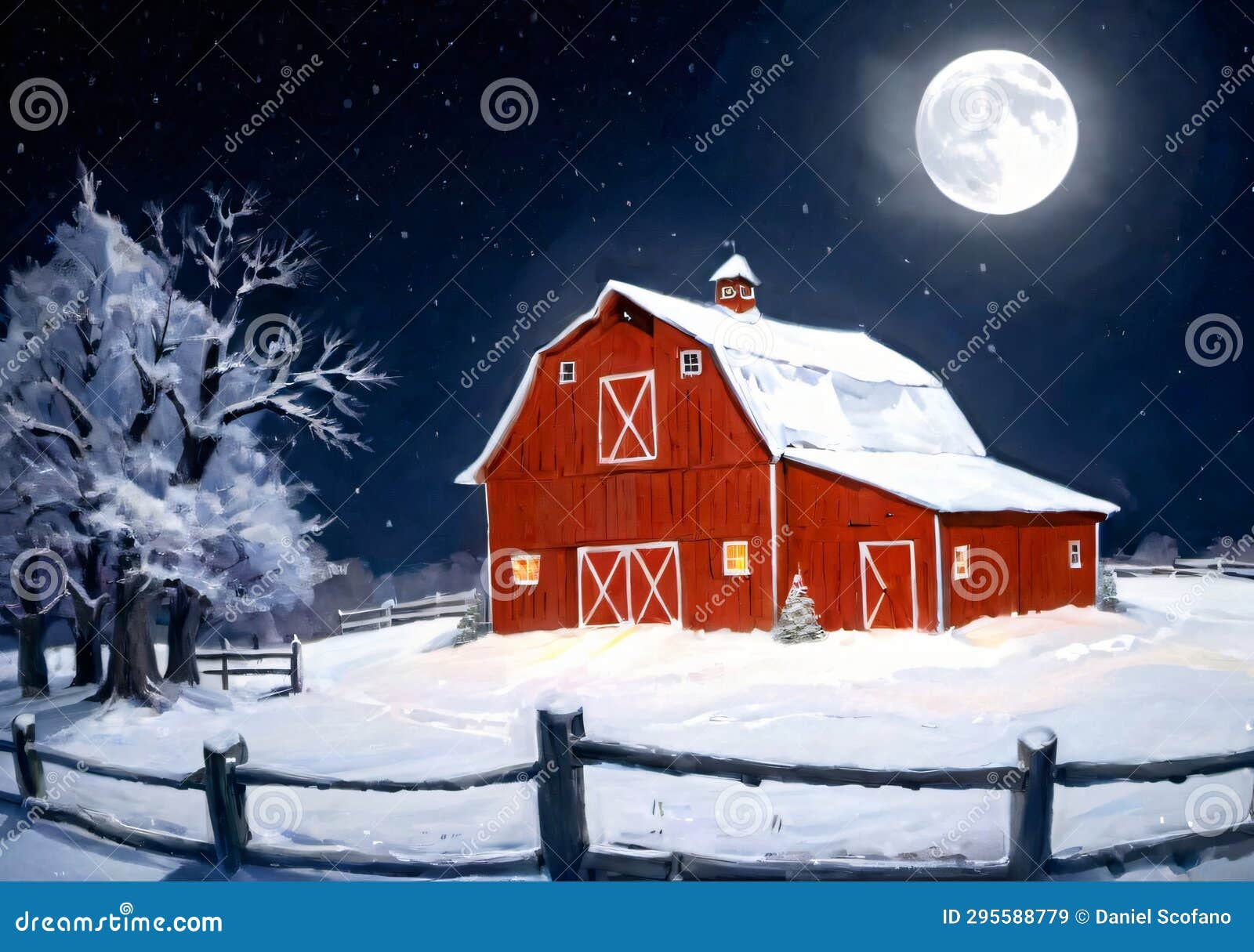 A Snowy Christmas Barn Scene, at Full Moon Night. Generative AI Stock ...