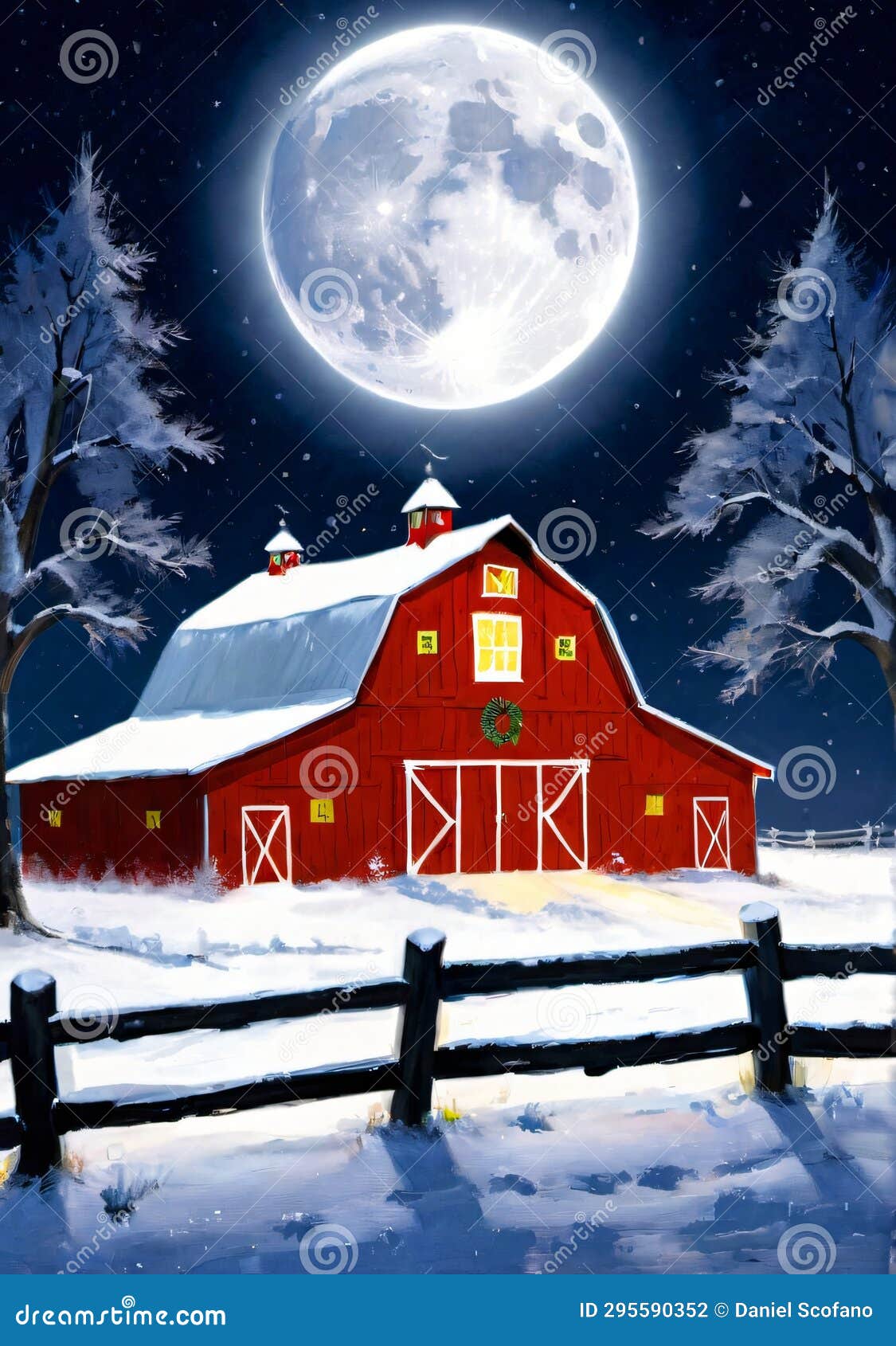 A Snowy Christmas Barn Scene, at Full Moon Night. Generative AI Stock ...