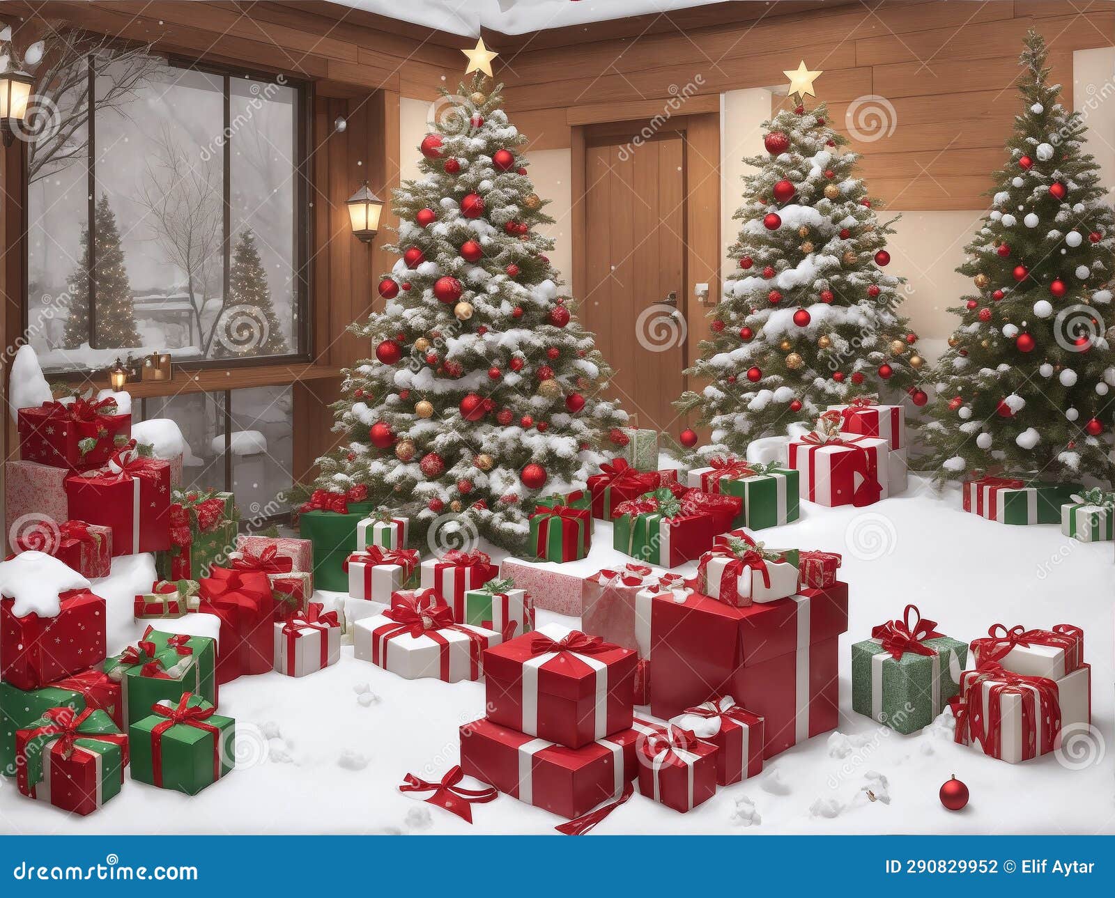 Snowy Christmas Scene with a Decorated Tree and Gifts Under the Tree ...