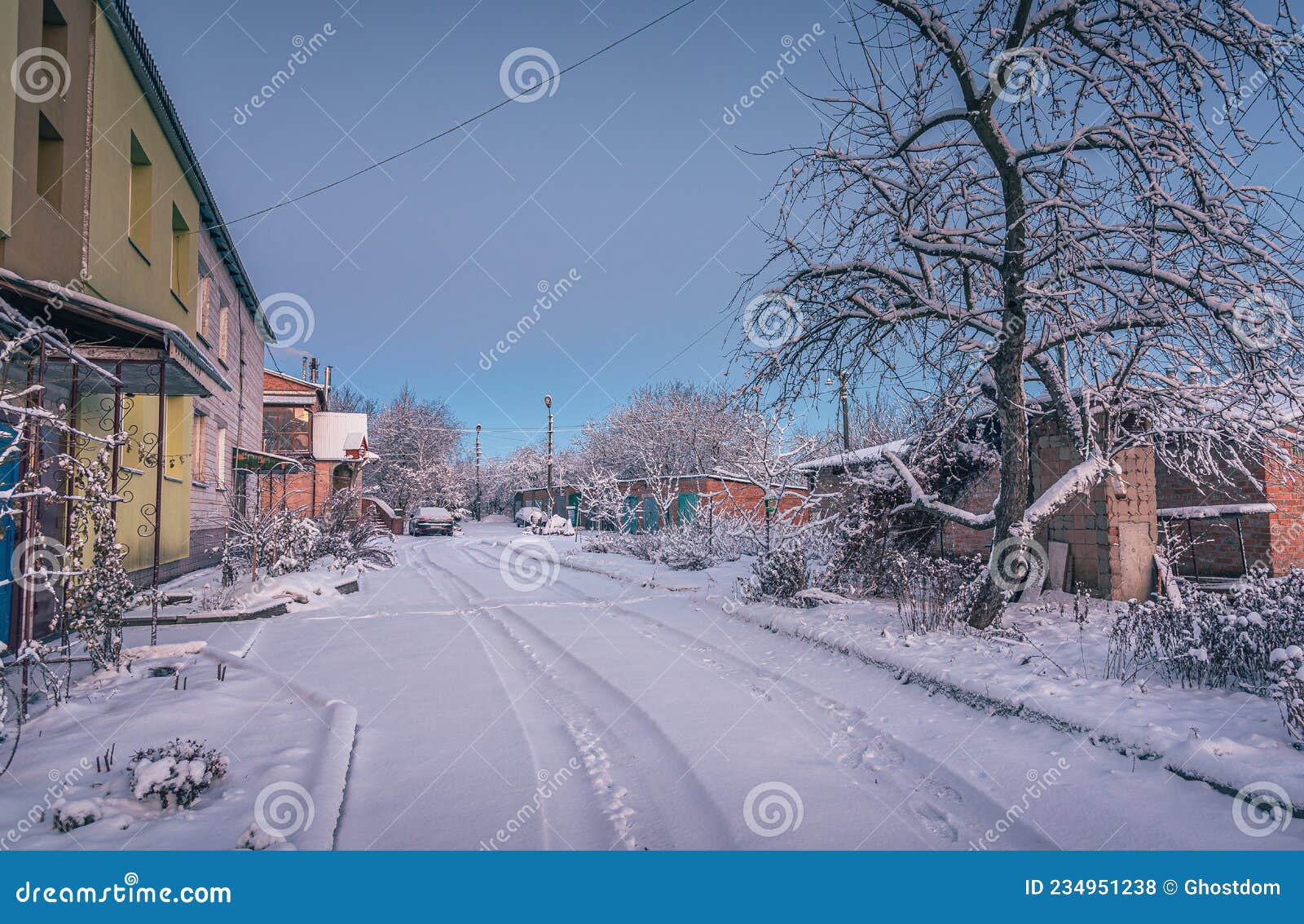 Snowy cold town stock photo. Image of winter, snowfall - 234951238
