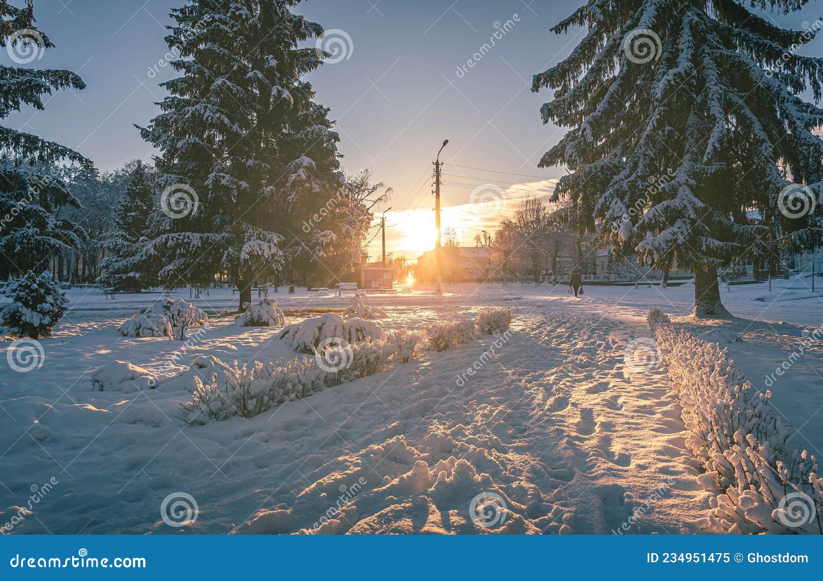 Snowy cold town stock image. Image of snowfall, lamp - 234951475