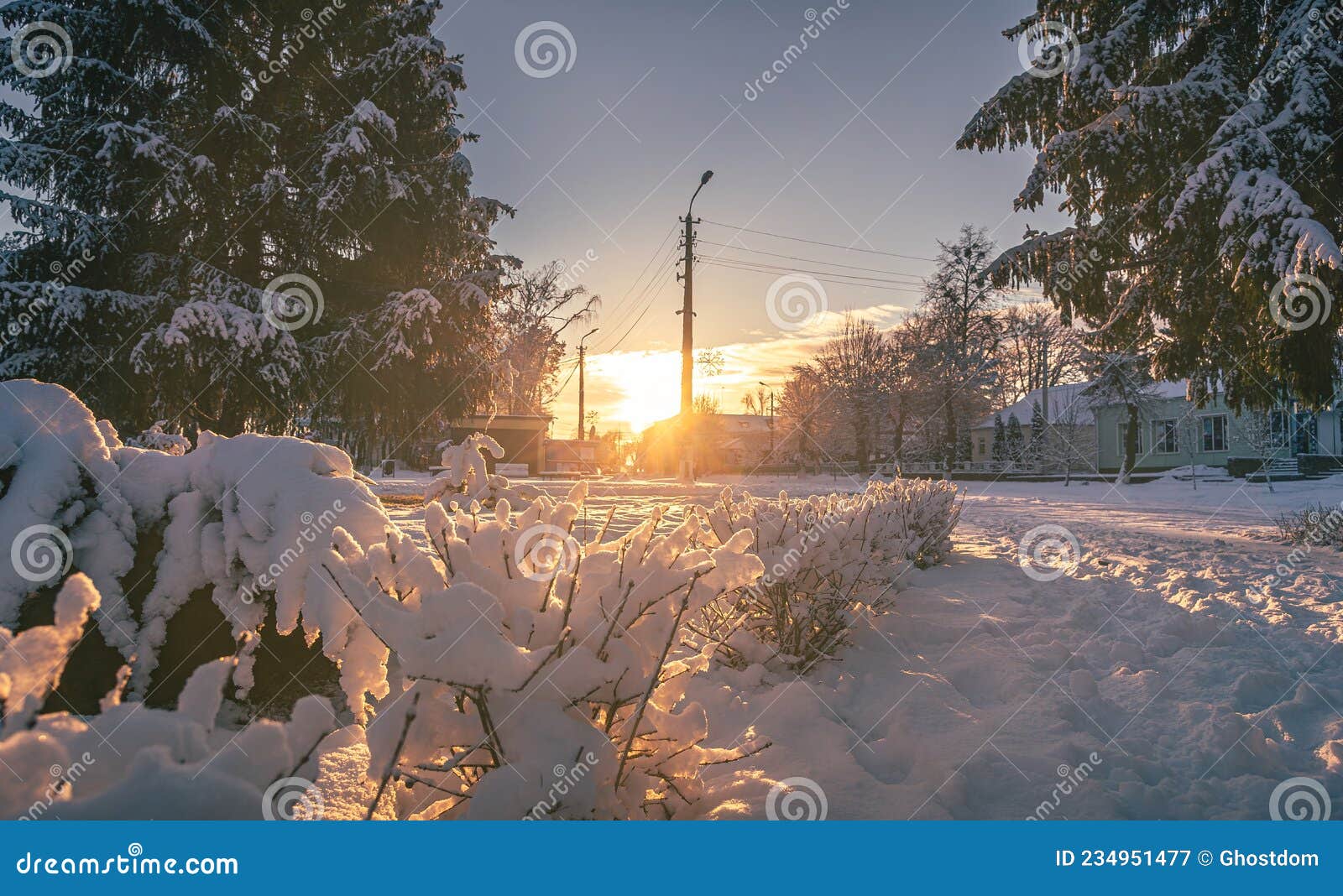 Snowy cold town stock image. Image of town, lamp, light - 234951477