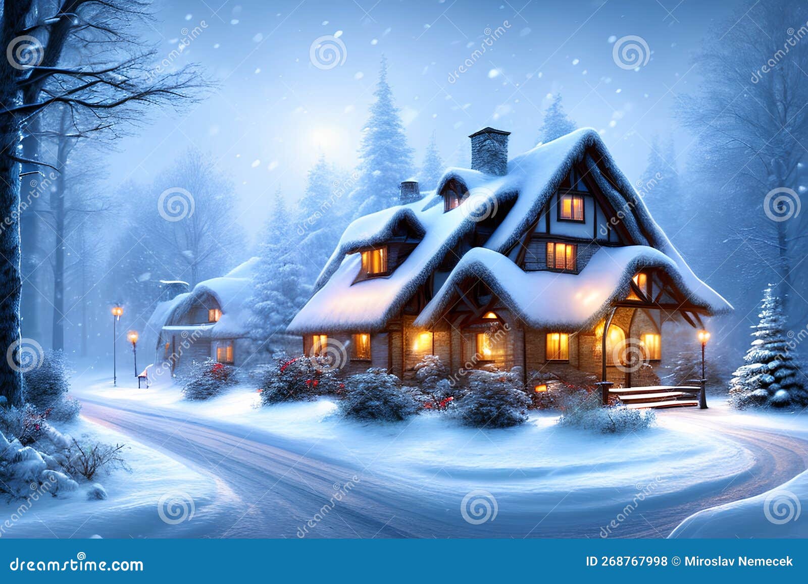 Snowy Cottage in Winter, Generative AI Illustration Stock Photo - Image ...