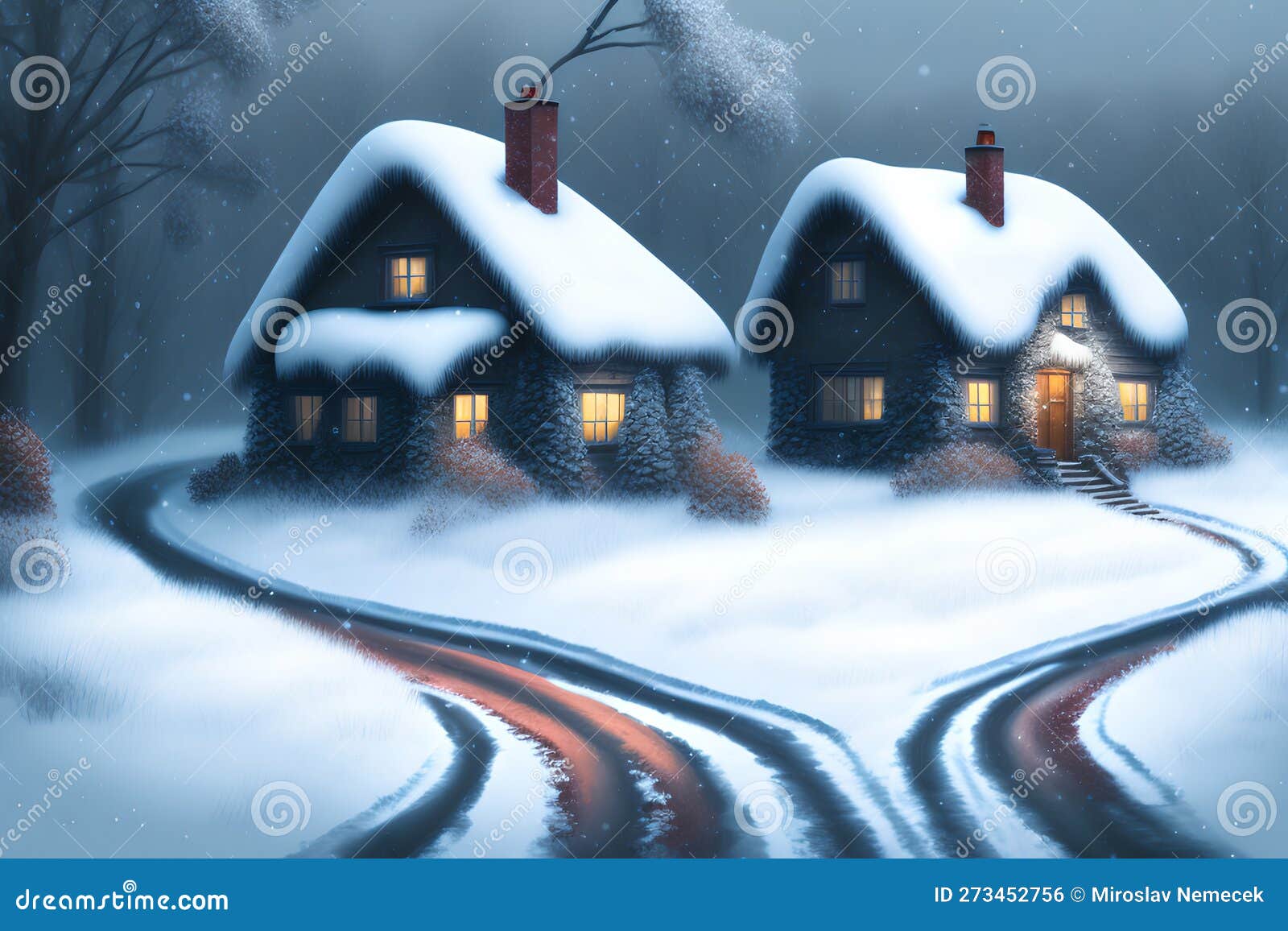 Snowy Cottage in Winter, Generative AI Illustration Stock Illustration ...