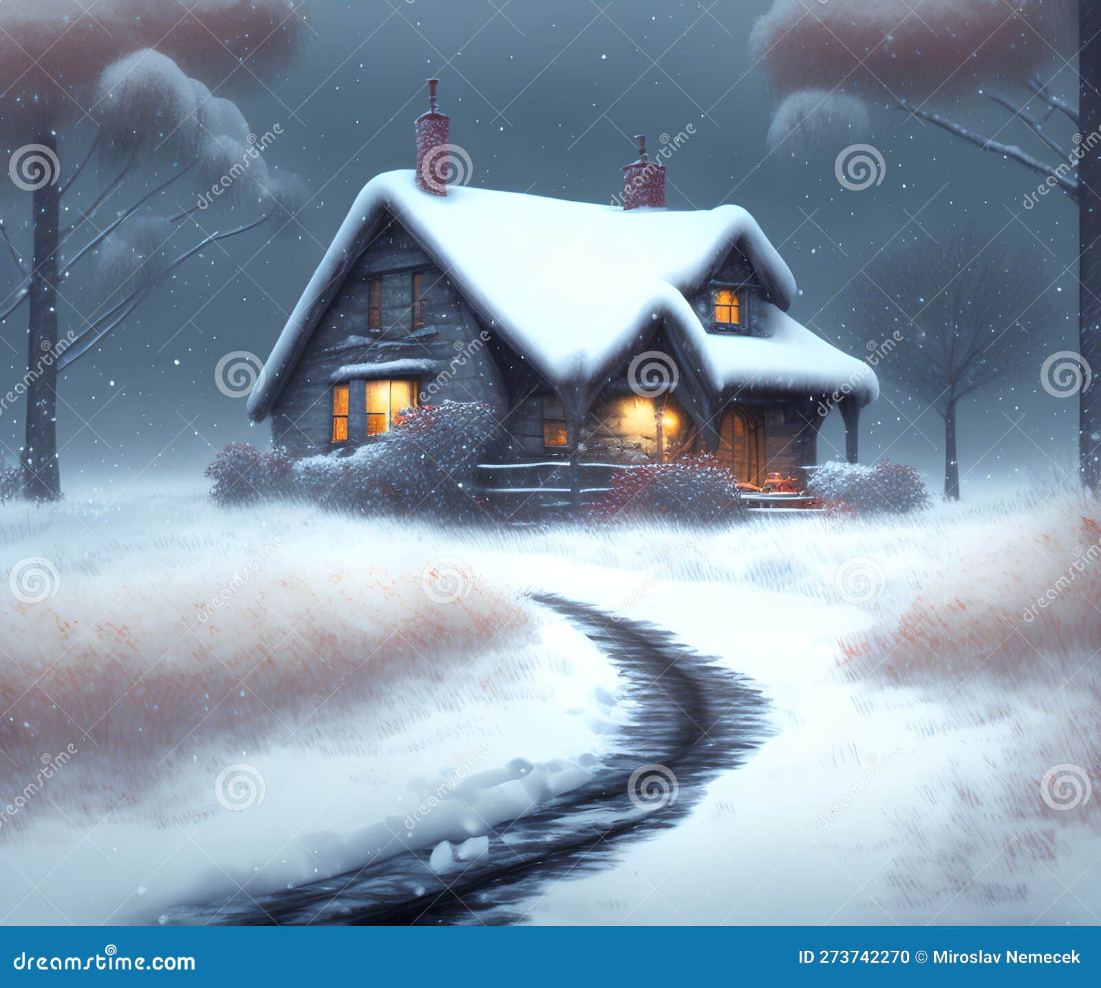 Snowy Cottage in Winter, Generative AI Illustration Stock Illustration ...