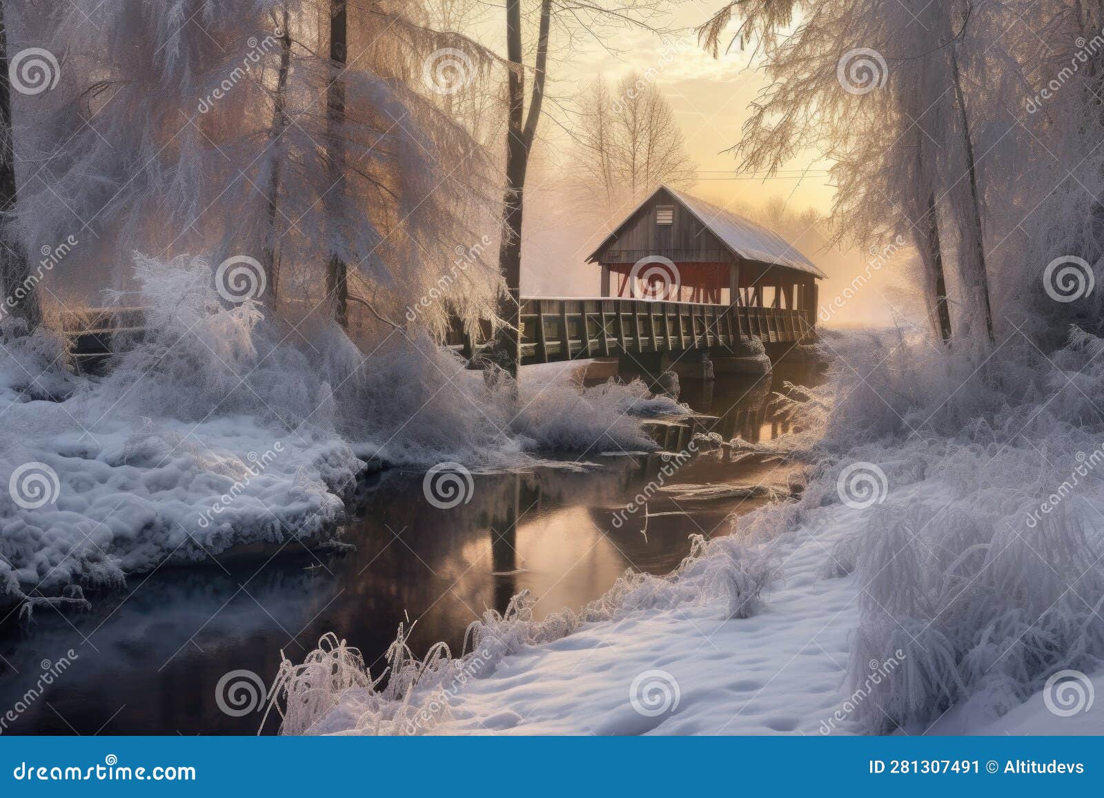 Snowy Covered Bridge with Icy Stream Below Stock Image - Image of ...