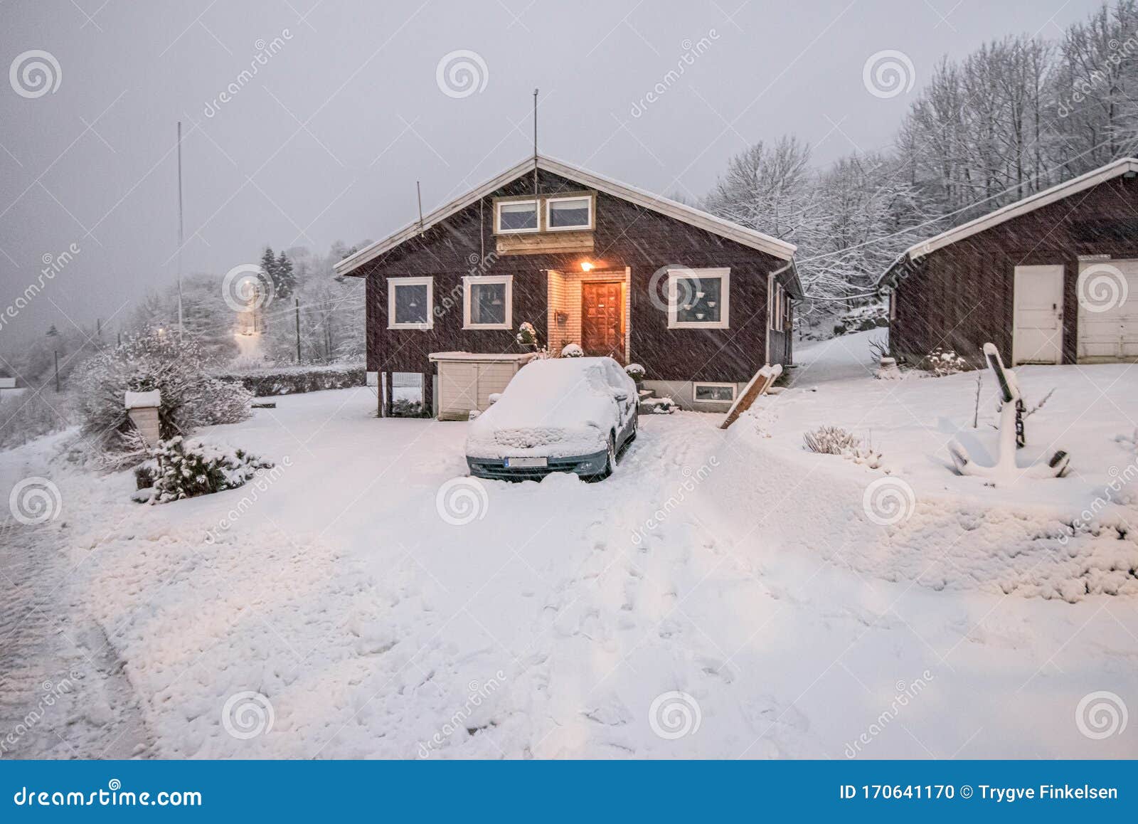 Snowy Driveway of a Brown House in Winter Stock Photo - Image of people ...