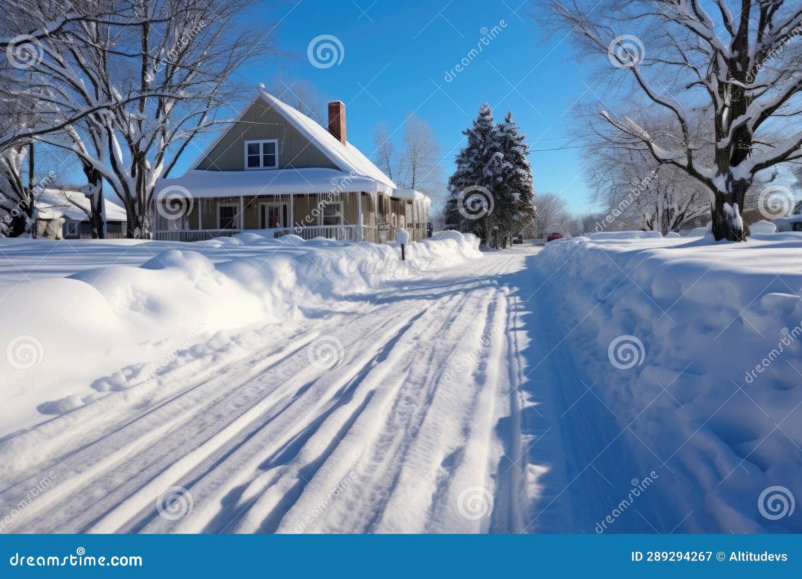 Snowy Driveway with Footsteps and Shovel Marks Stock Image - Image of ...