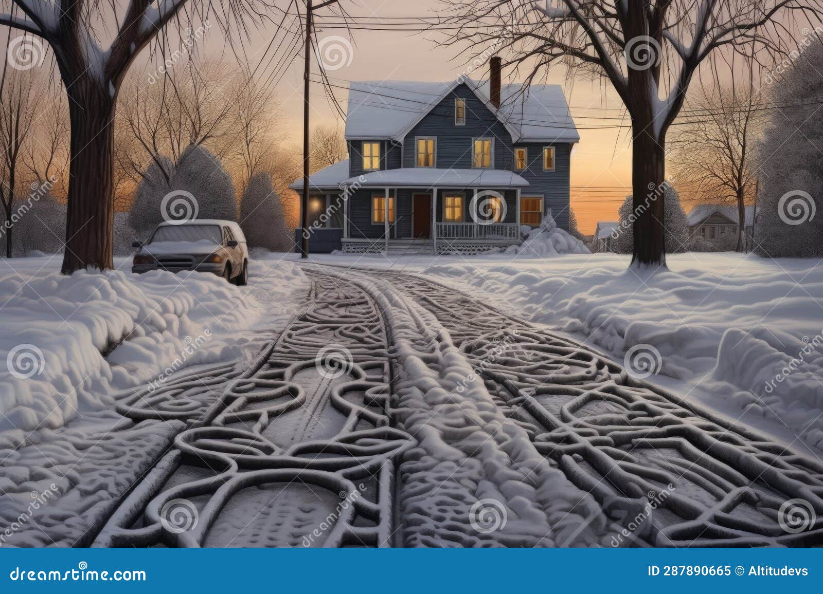 Snowy Driveway with Tire Tracks Stock Image - Image of generative ...