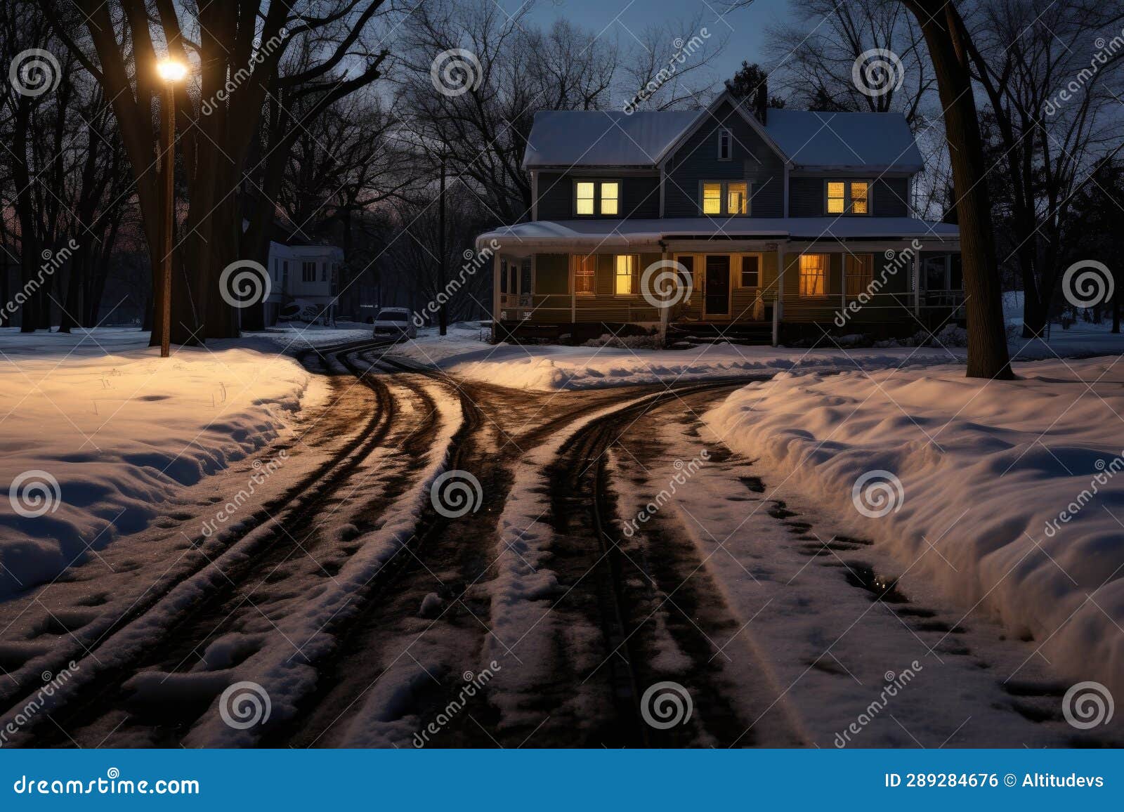 Snowy Driveway with Tire Tracks Stock Photo - Image of automobile ...