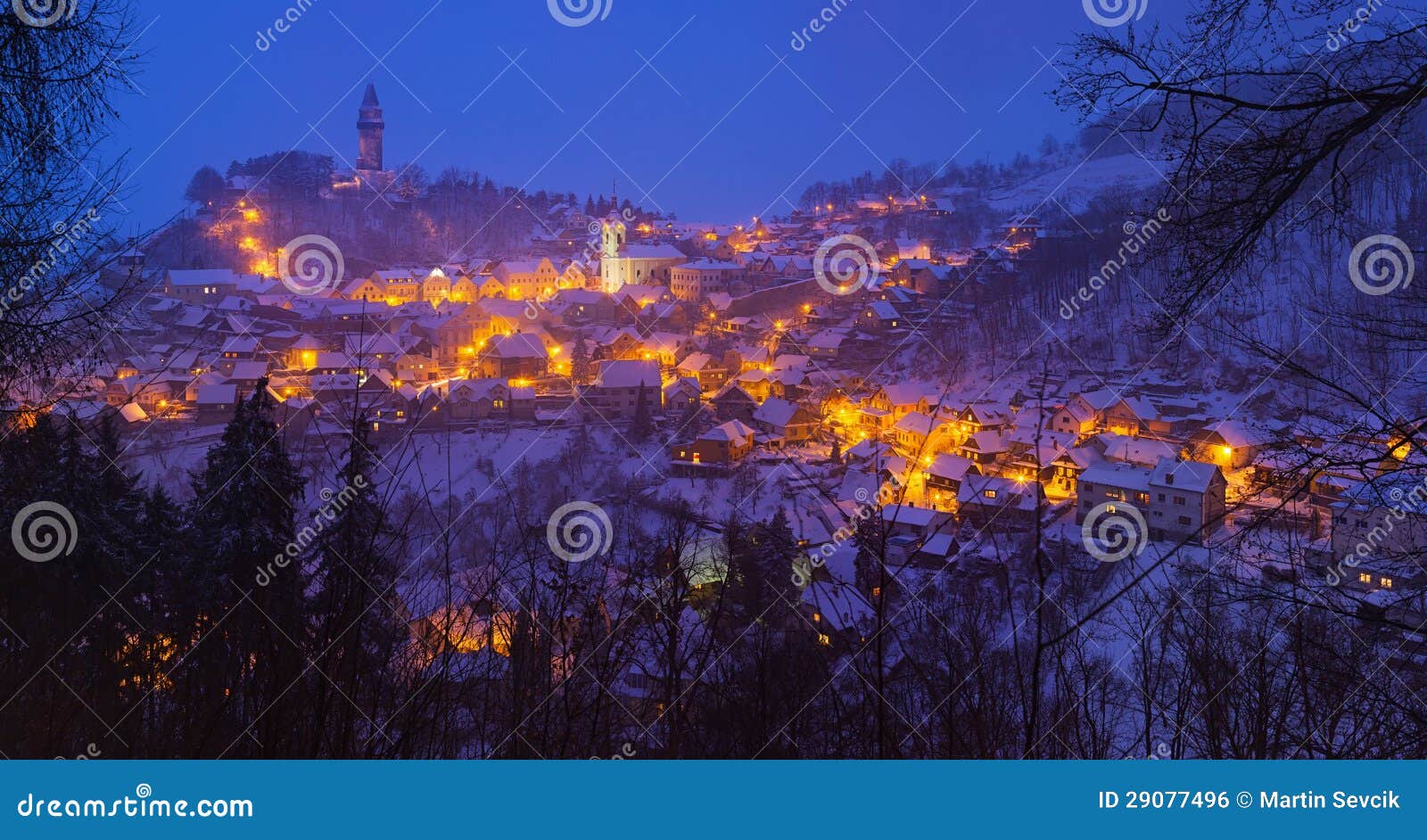 Snowy Evening View of the Lighted Town Stock Photo - Image of panorama ...